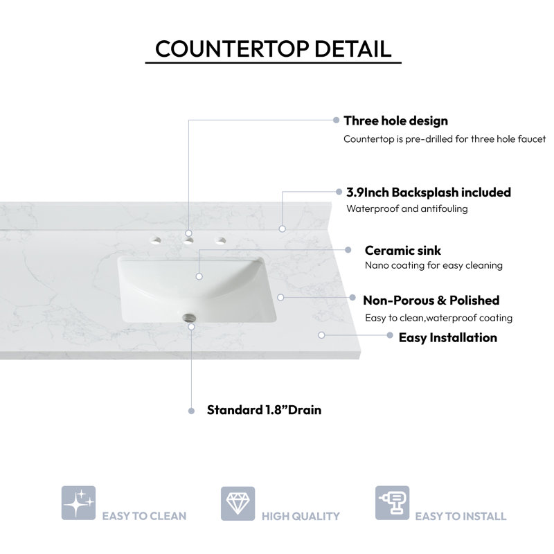 Vinnova Jaen 73'' Engineered Stone Double Vanity Top with Sink and 3 ...