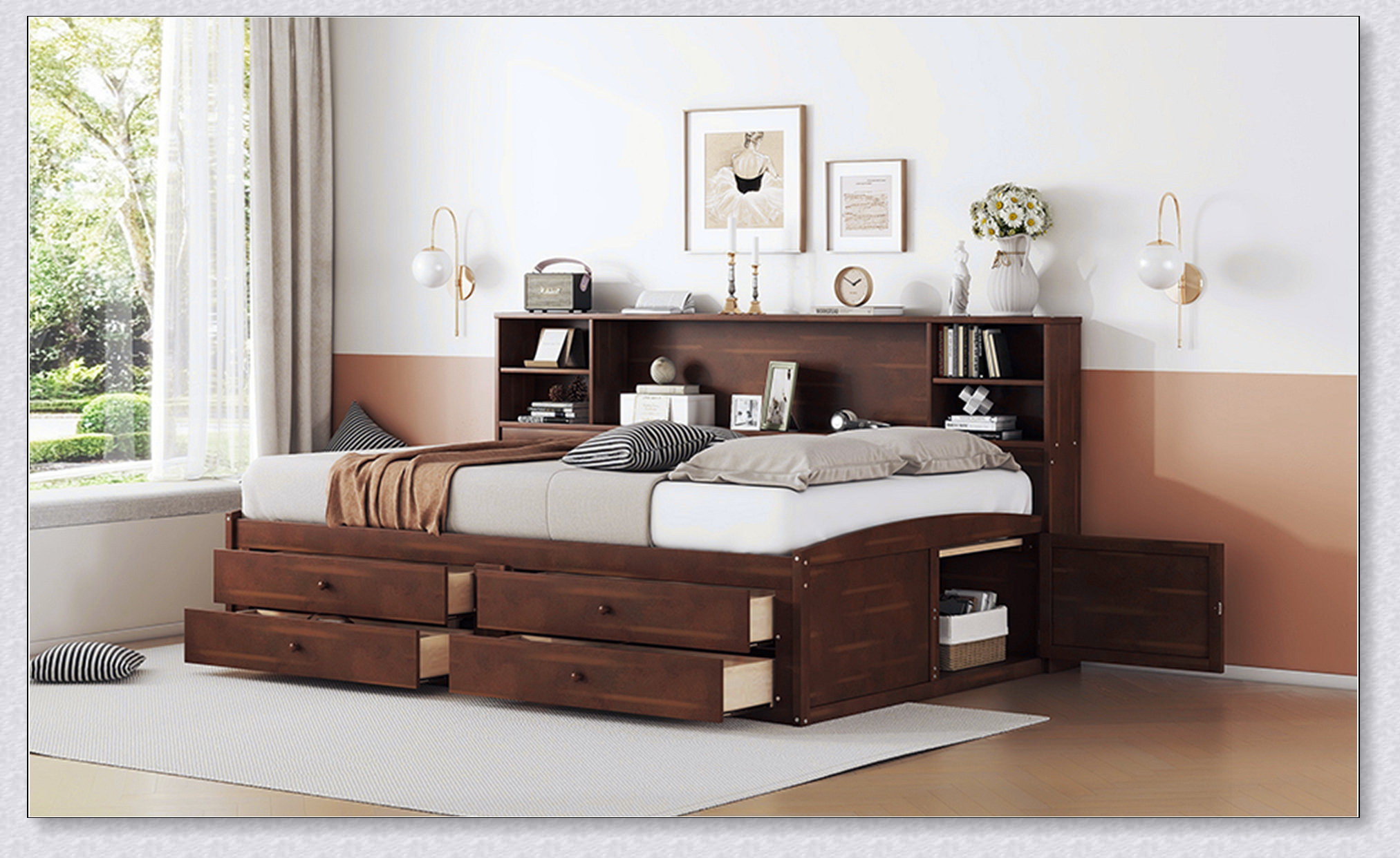 Alcott Hill® Captain Bed With Built-In Storage Shelves Full Size Wooden ...