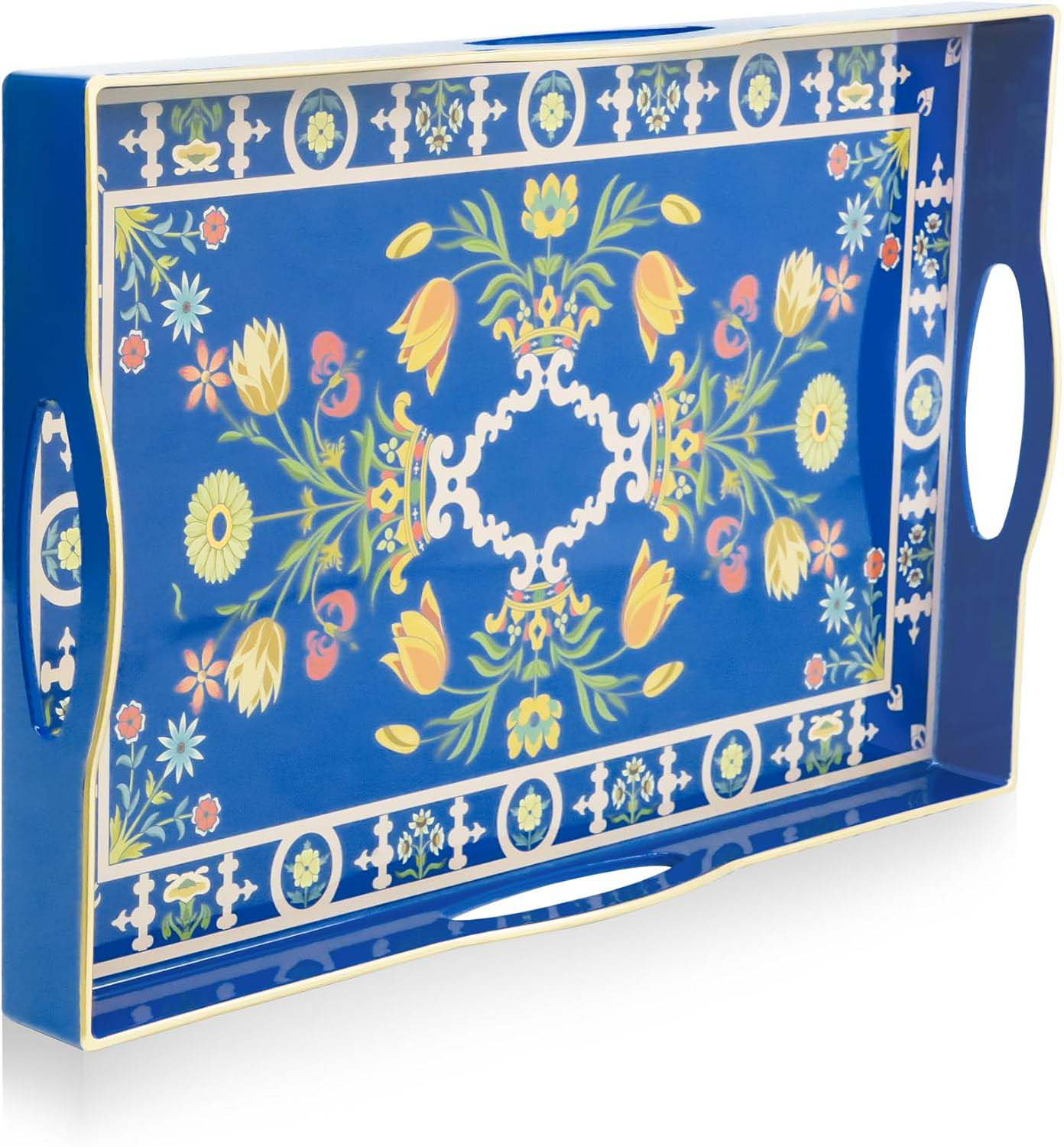 World Menagerie Blue Decorative Tray With Four Handles, Versatile ...