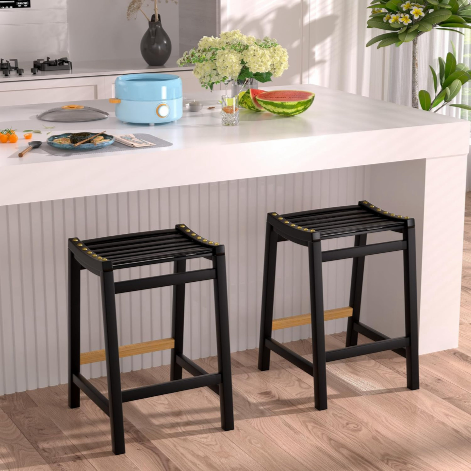 George Oliver Bar Stools Set Of 2, 24 Inch Bamboo Counter Height Stools ...