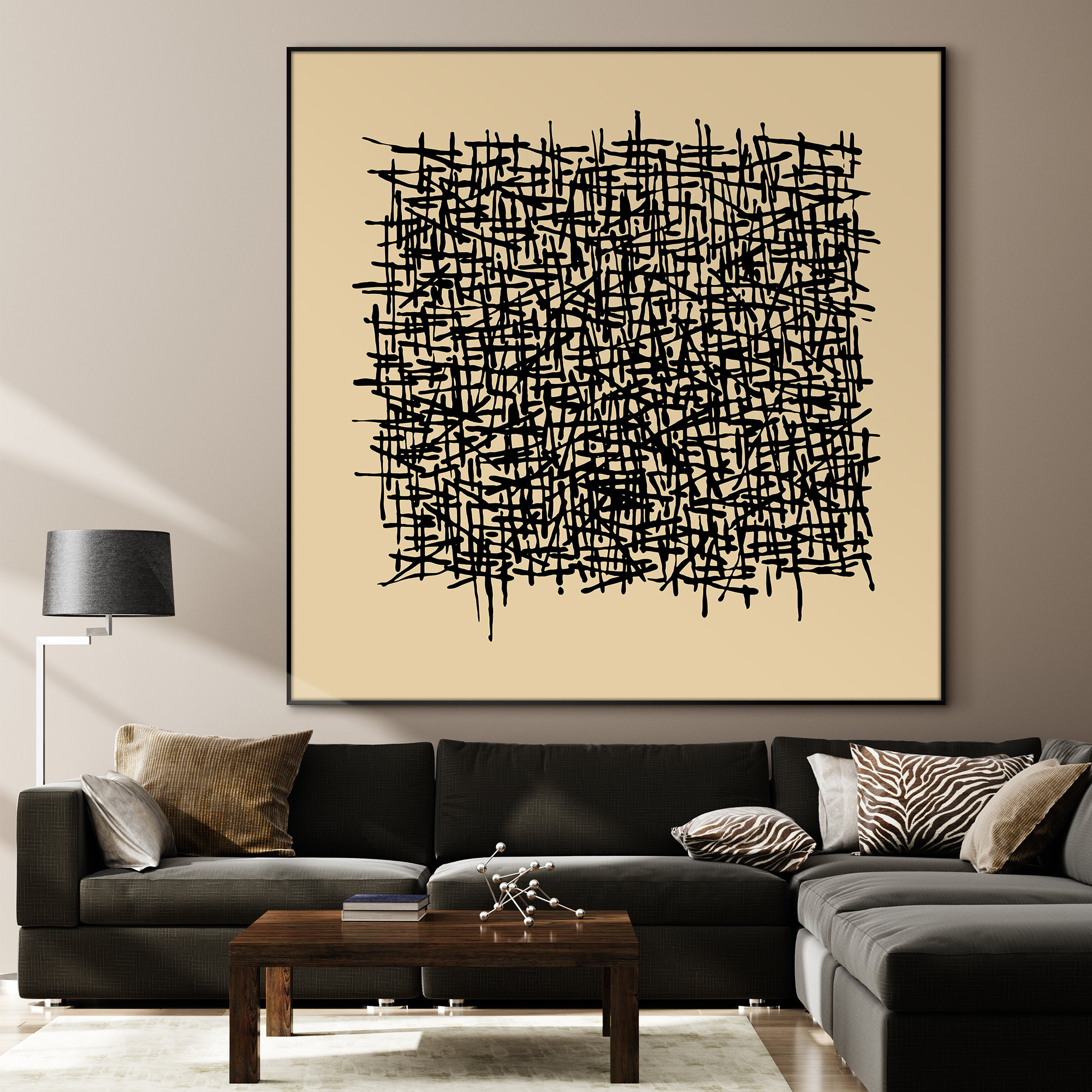 SIGNLEADER Abstract Line Dense Crosshatch Pattern Illustrations Extra Large Framed Wall Art ...