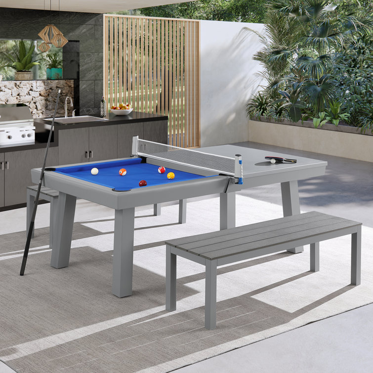 HomeSeason Oasis Outdoor/Indoor Slate Dining Pool Table w/ 2 Benches ...
