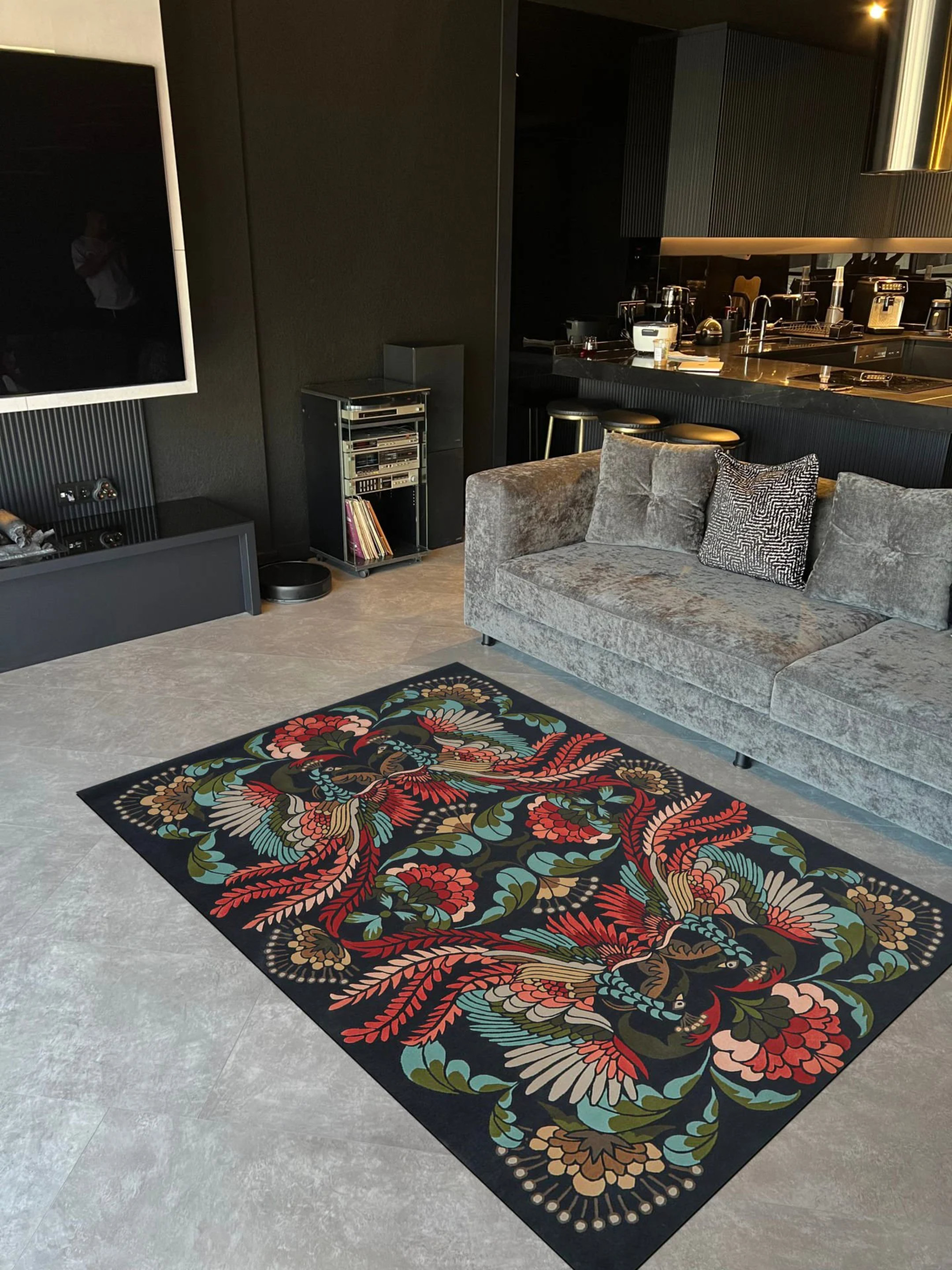 Alcott Hill Sulas Digital Print Carpet Black Red Color Floral Design ...