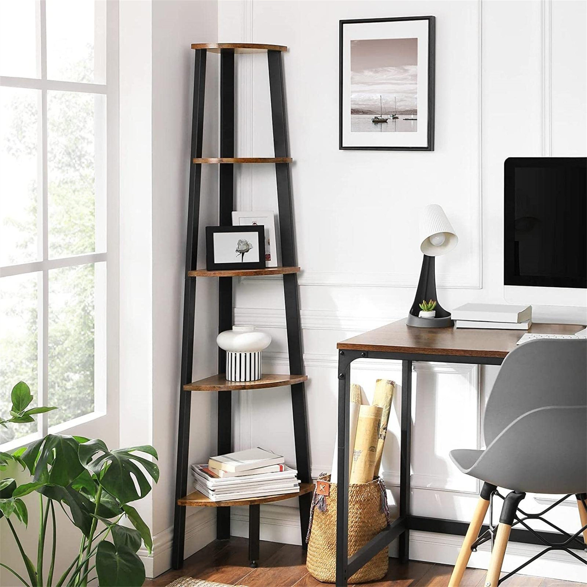 Industrial corner ladder shelf store