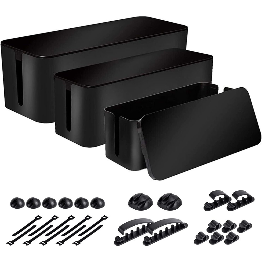 Inbox Zero Black Desk Organizer,Cable Organizer Box,Set of 3 | Wayfair
