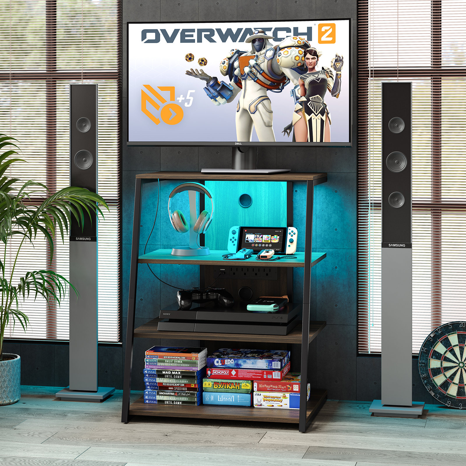 Wrought Studio™ Audio Rack,4-Tier Media Stand with Outlet and LED ...