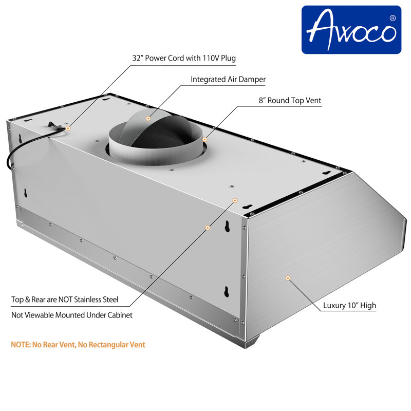 Awoco 30" 1000 CFM Ducted Under Cabinet Range Hood in Stainless Steel ...
