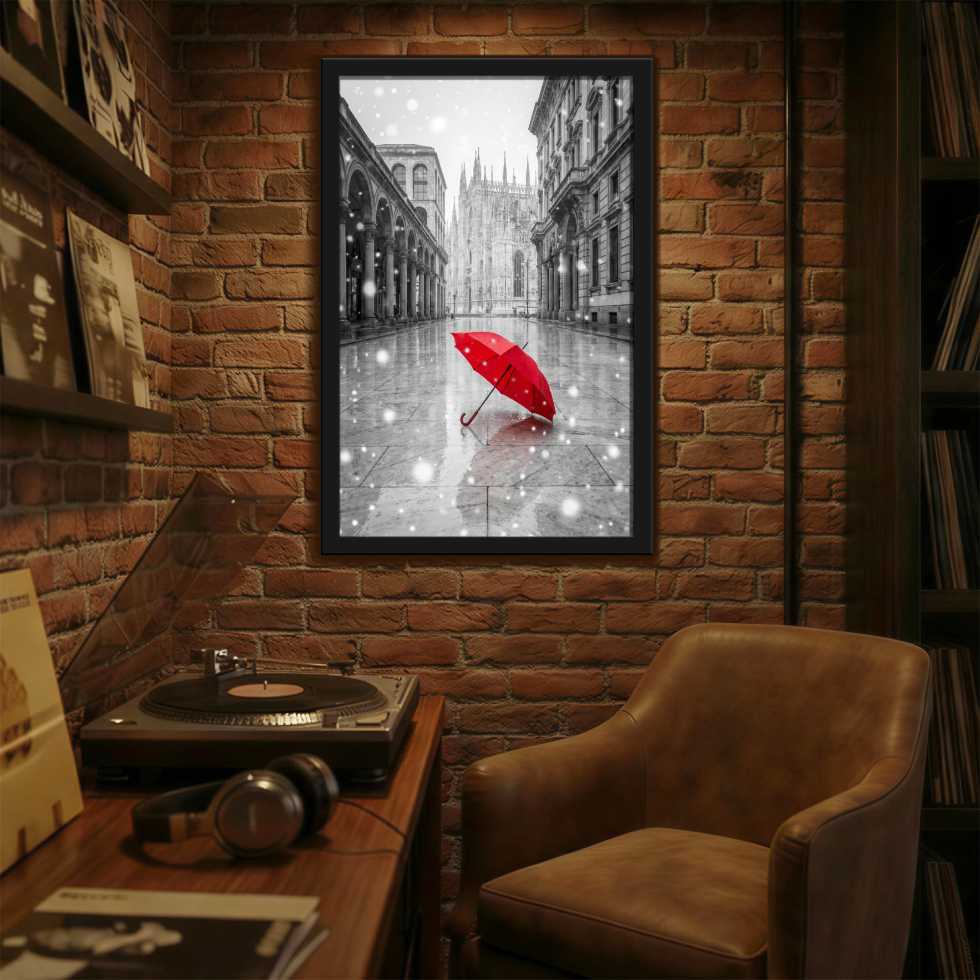 Winston Porter Plants & Flowers Red Umbrella In Snowy City Square | Wayfair