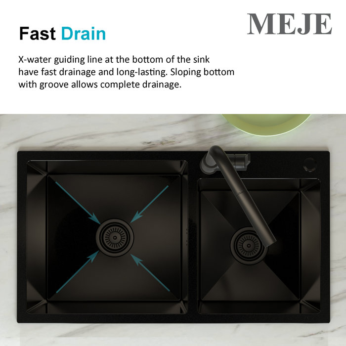 MEJE 30.75'' L Drop-In Double Bowl Stainless Steel Kitchen Sink ...