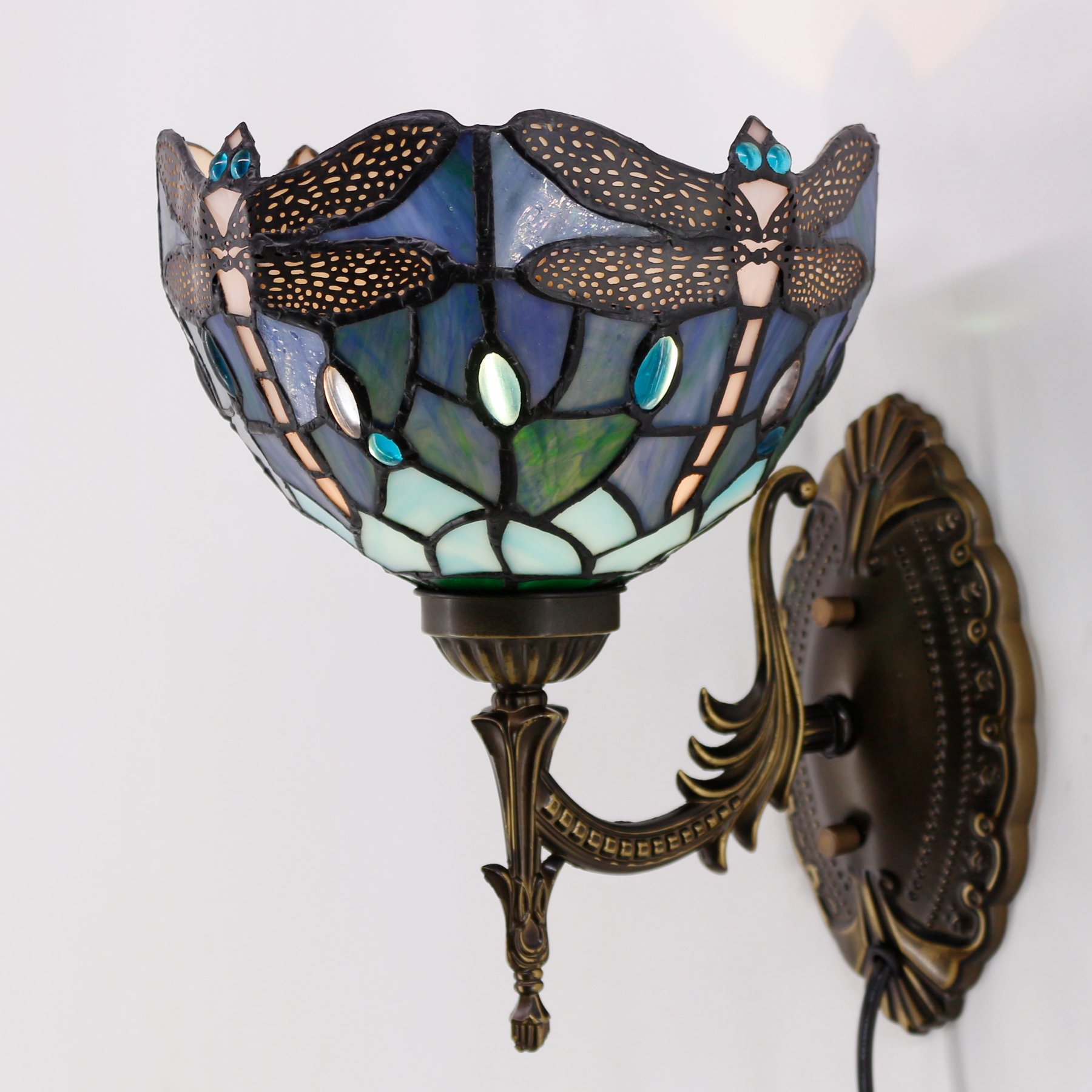 Astoria Grand Tiffany Wall Sconce Lamp Plug in or Hardwire Wall Light with 8 inch Blue Dragonfly ...