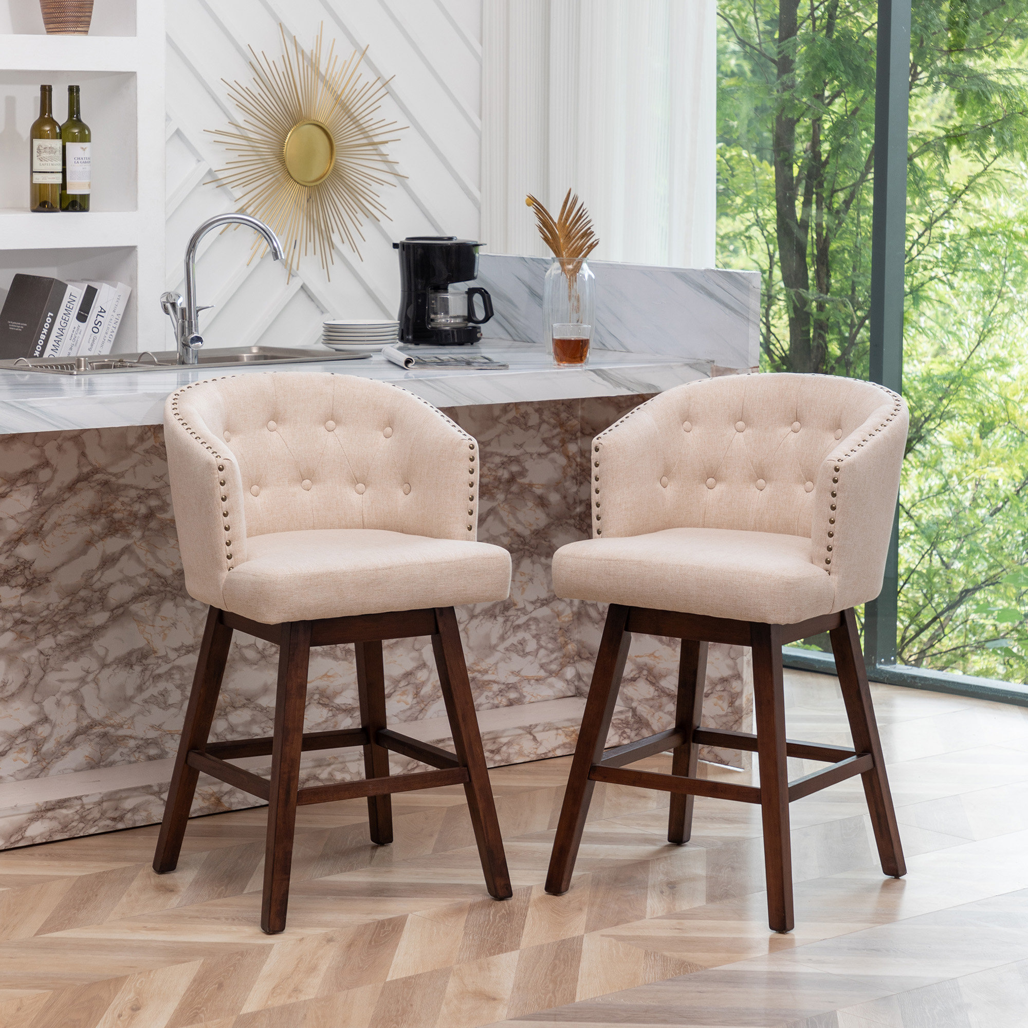 Lark Manor™ Arlisa Swivel Fabric Bar Stool with Rubberwood Legs ...