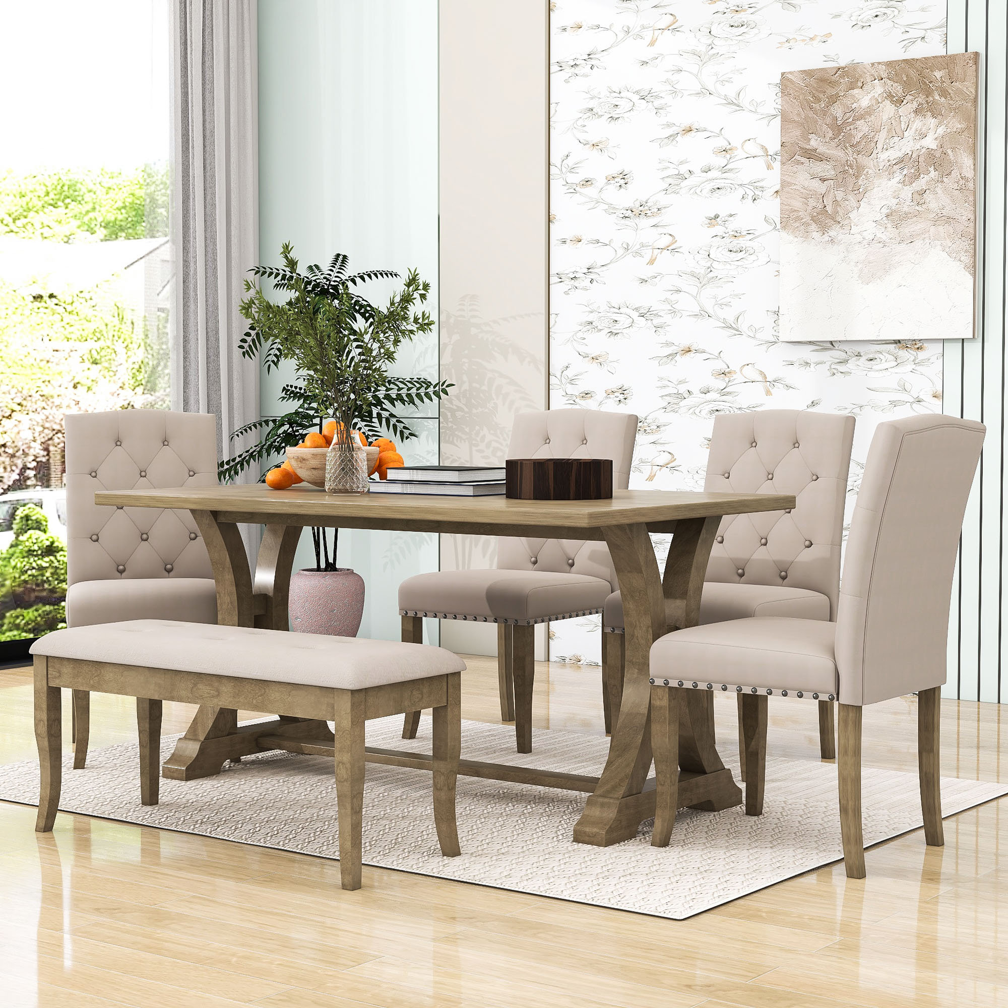Lark Manor™ 6-Piece Farmhouse Dining Set with Rectangular Trestle Table ...