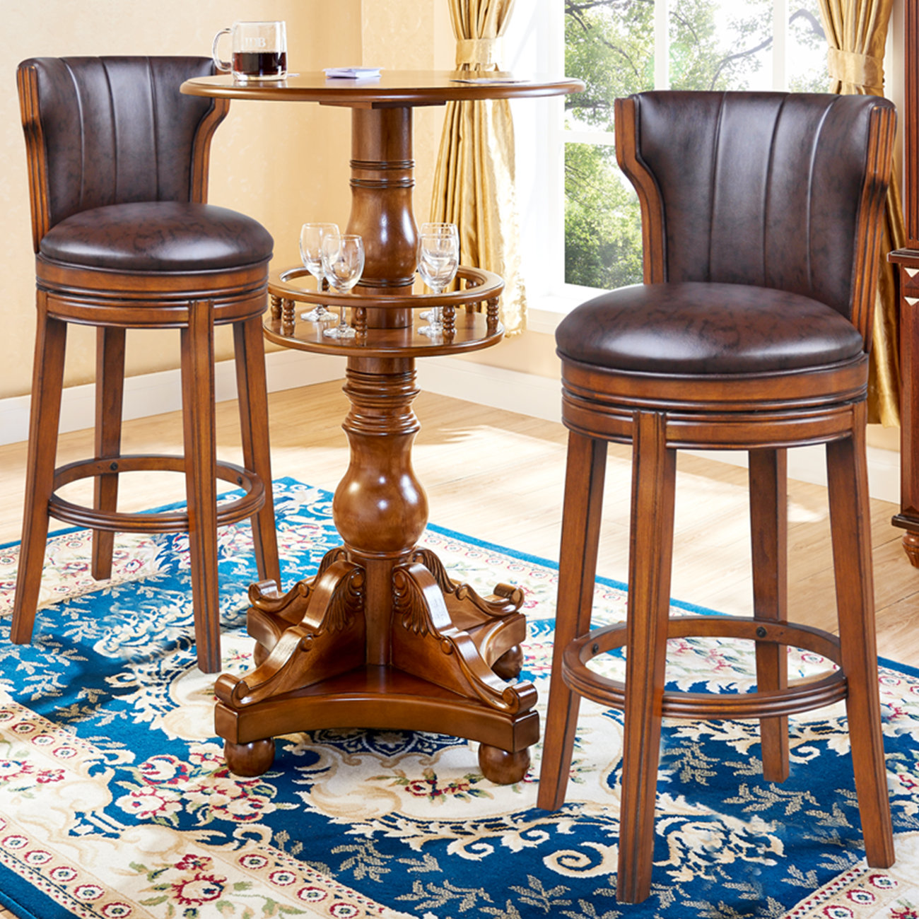 Canora Grey American-Style Solid Wood Rubber Wood Leather Rotating Bar ...