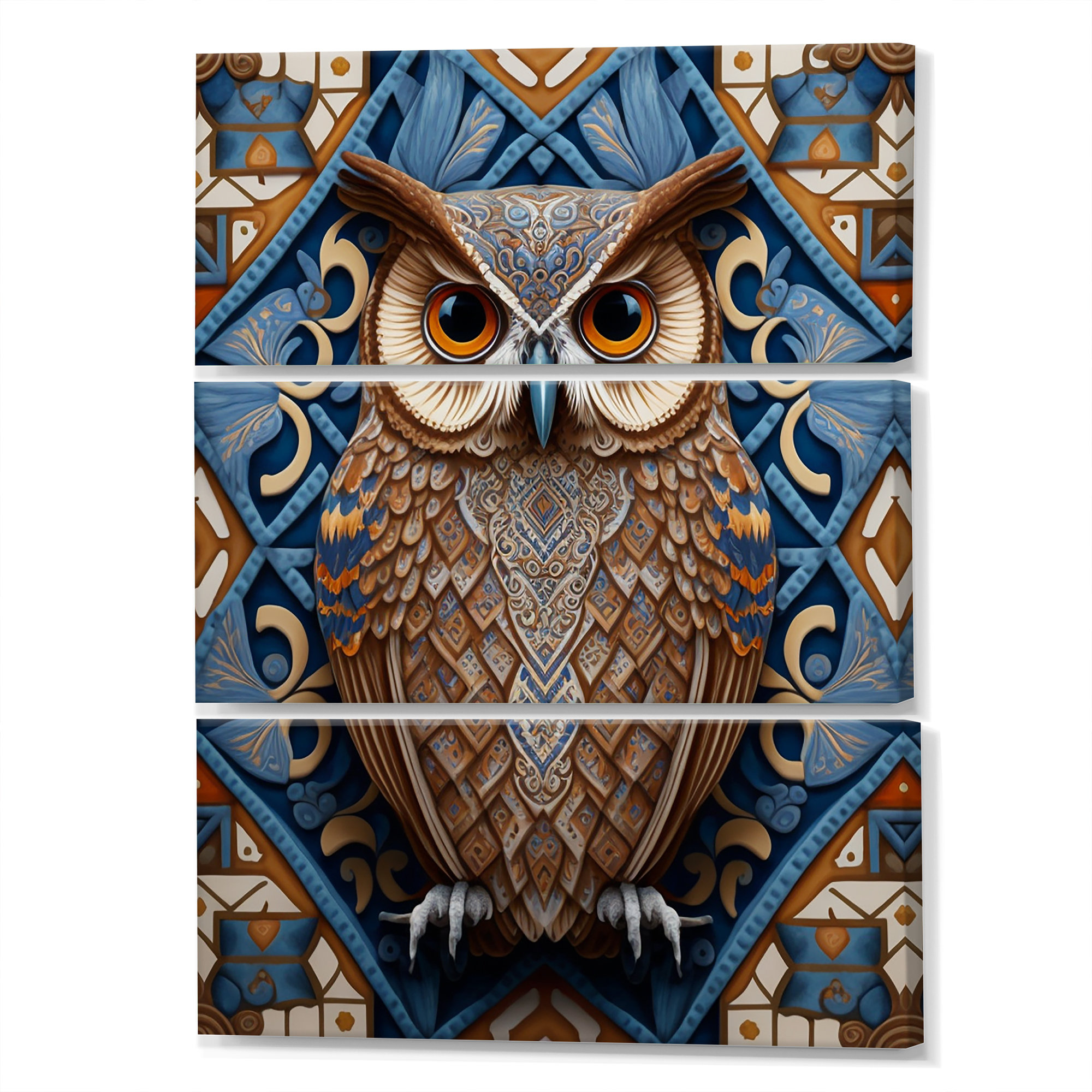 Design Art White Owl On Azulejo - Animals Owl Canvas Wall Art Set ...