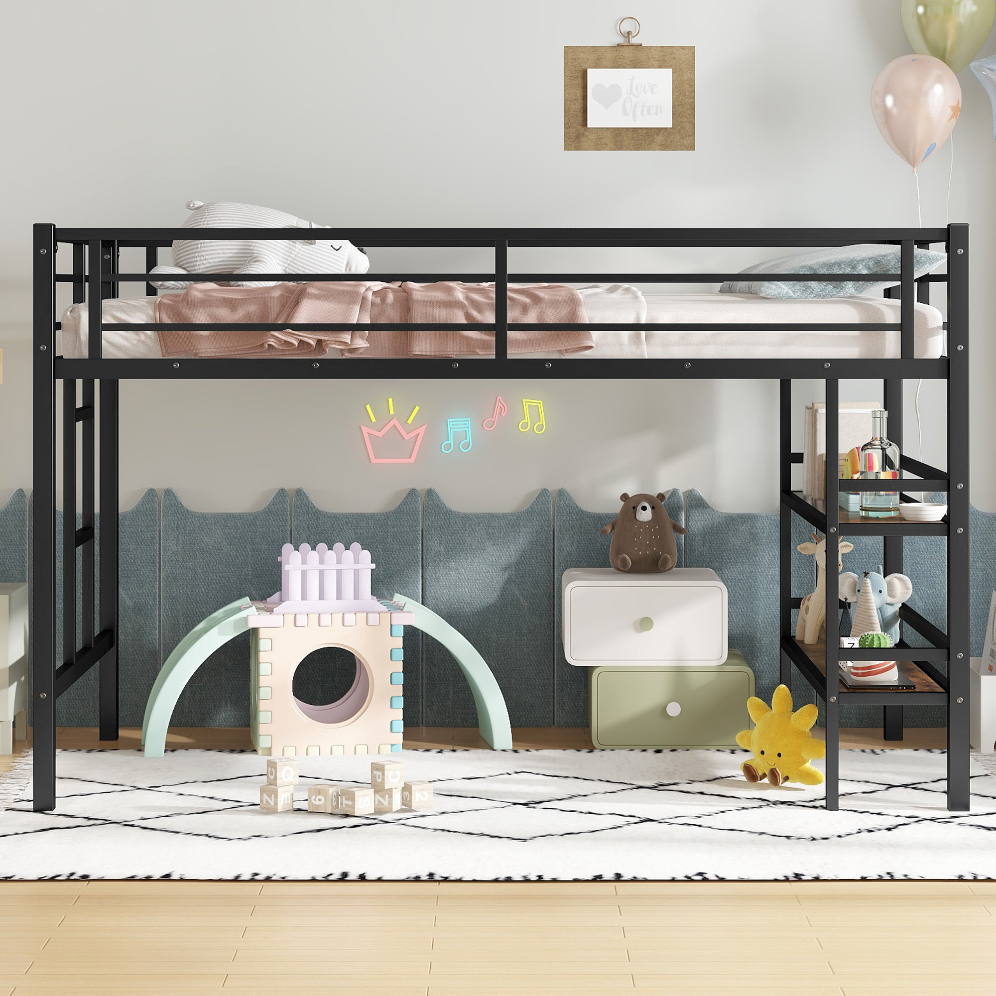 Mason & Marbles Twin Size Metal Loft Bed for Kids, Black High Sleeper ...