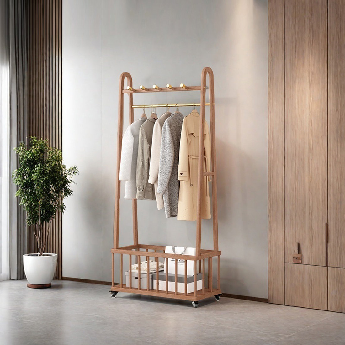 Your Favorite Celebrities Ash Wood Coat Rack with Storage and Wheels ...