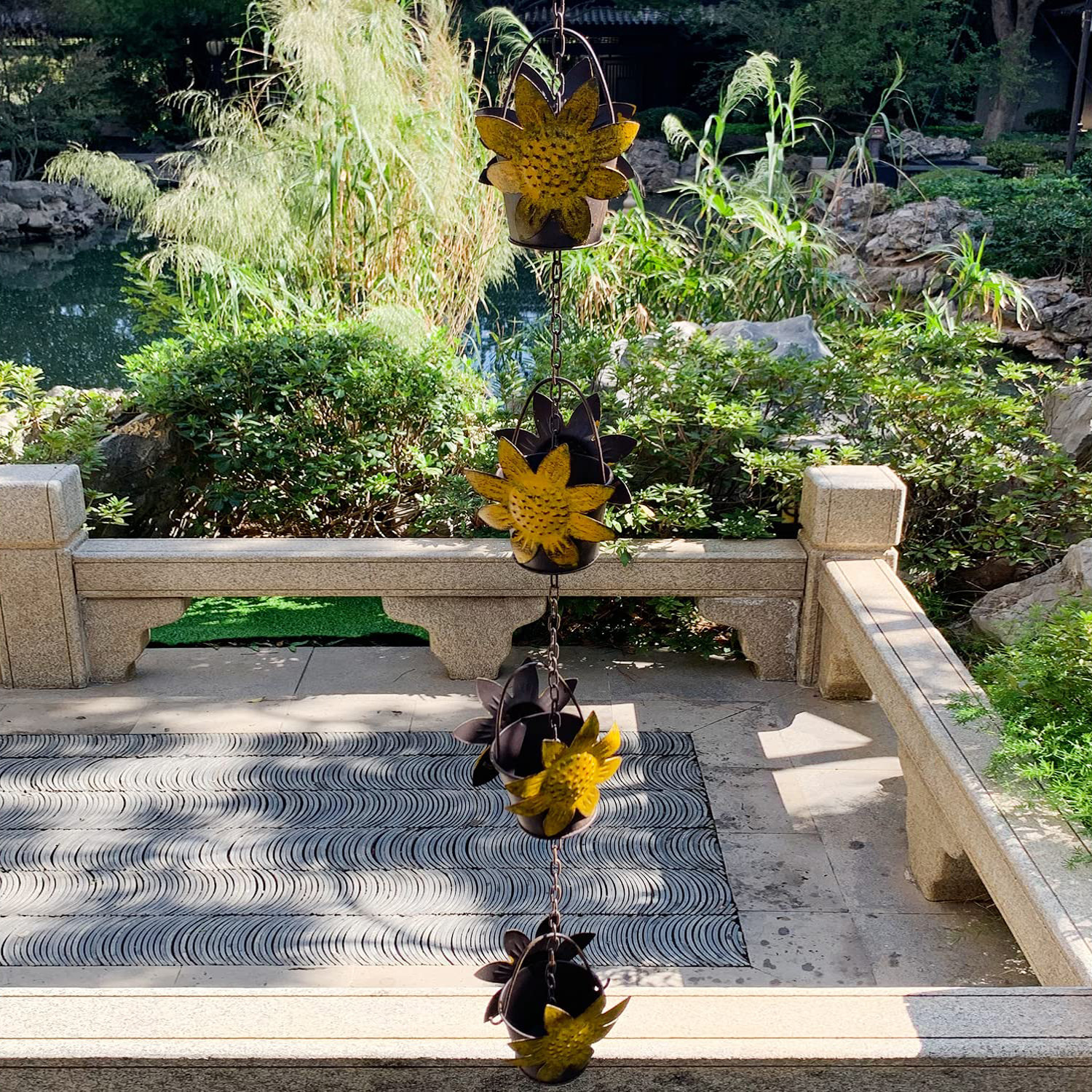 August Grove® 8.5FT Metal Bucket Rain Chain, Sunflower Decorative Rain ...