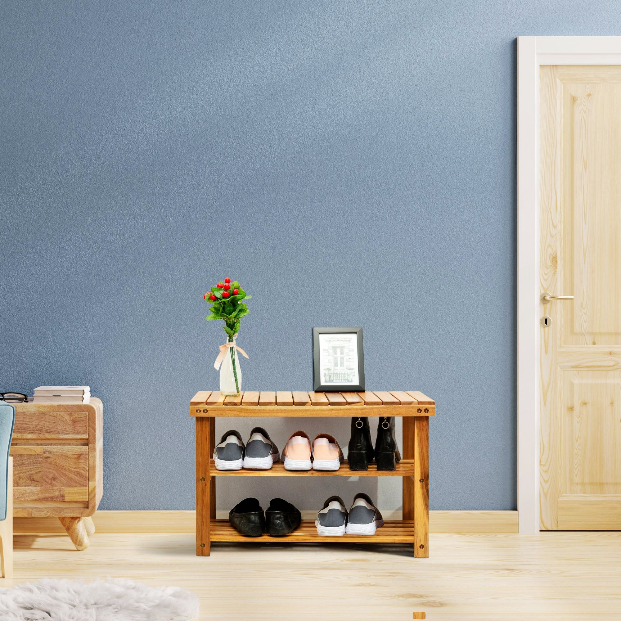 Gracie Oaks Elegant Acacia Wood Shoe Rack Bench with Dual-Level Storage ...