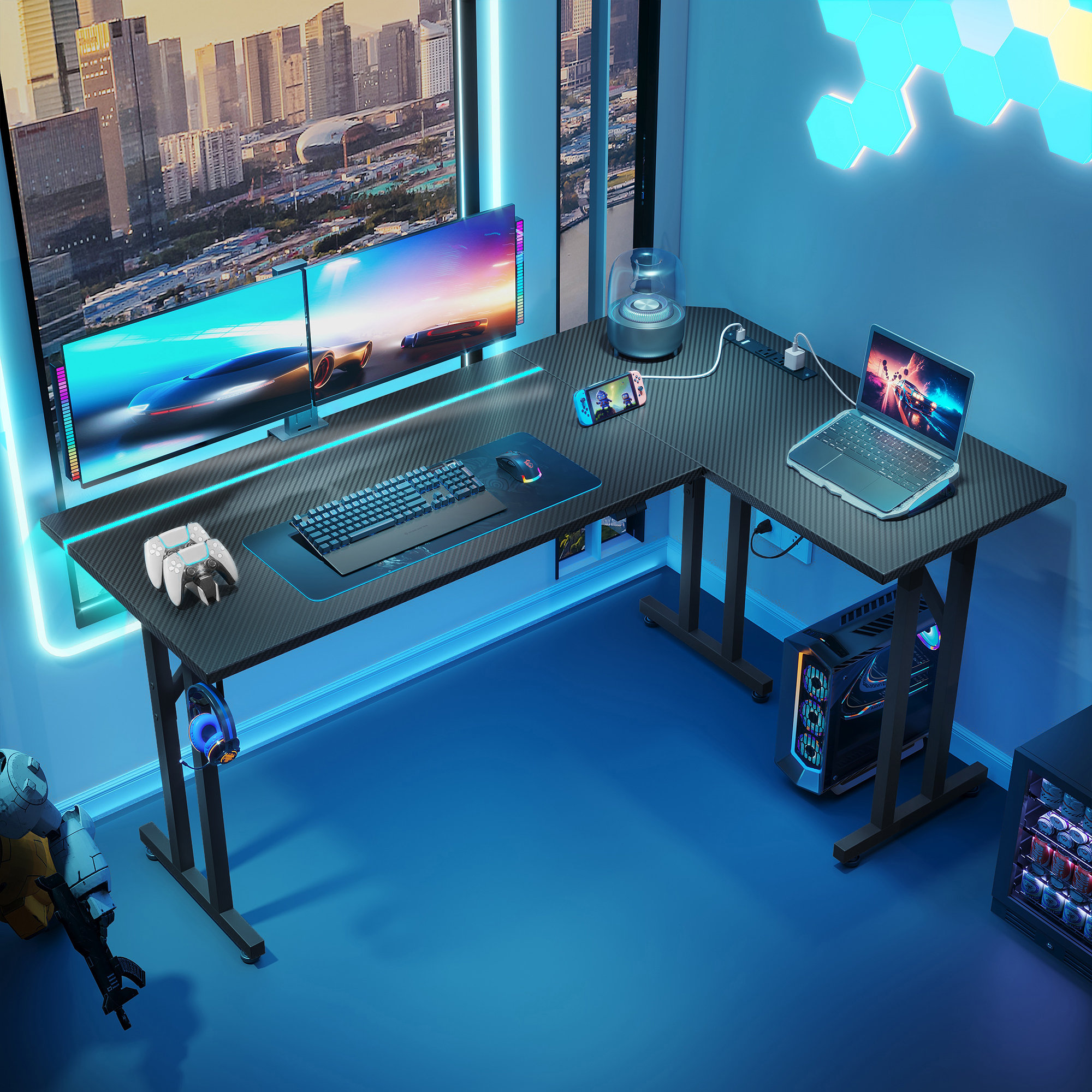 Inbox Zero Medgar L-Shaped Gaming Desk with Built-in LED Lighting ...