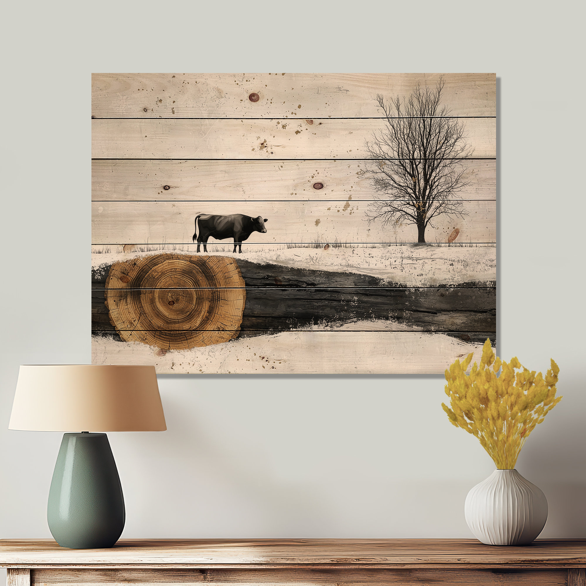 Ophelia & Co. Winter Farm With Cow In The Field Landscape I - Farm Wood ...