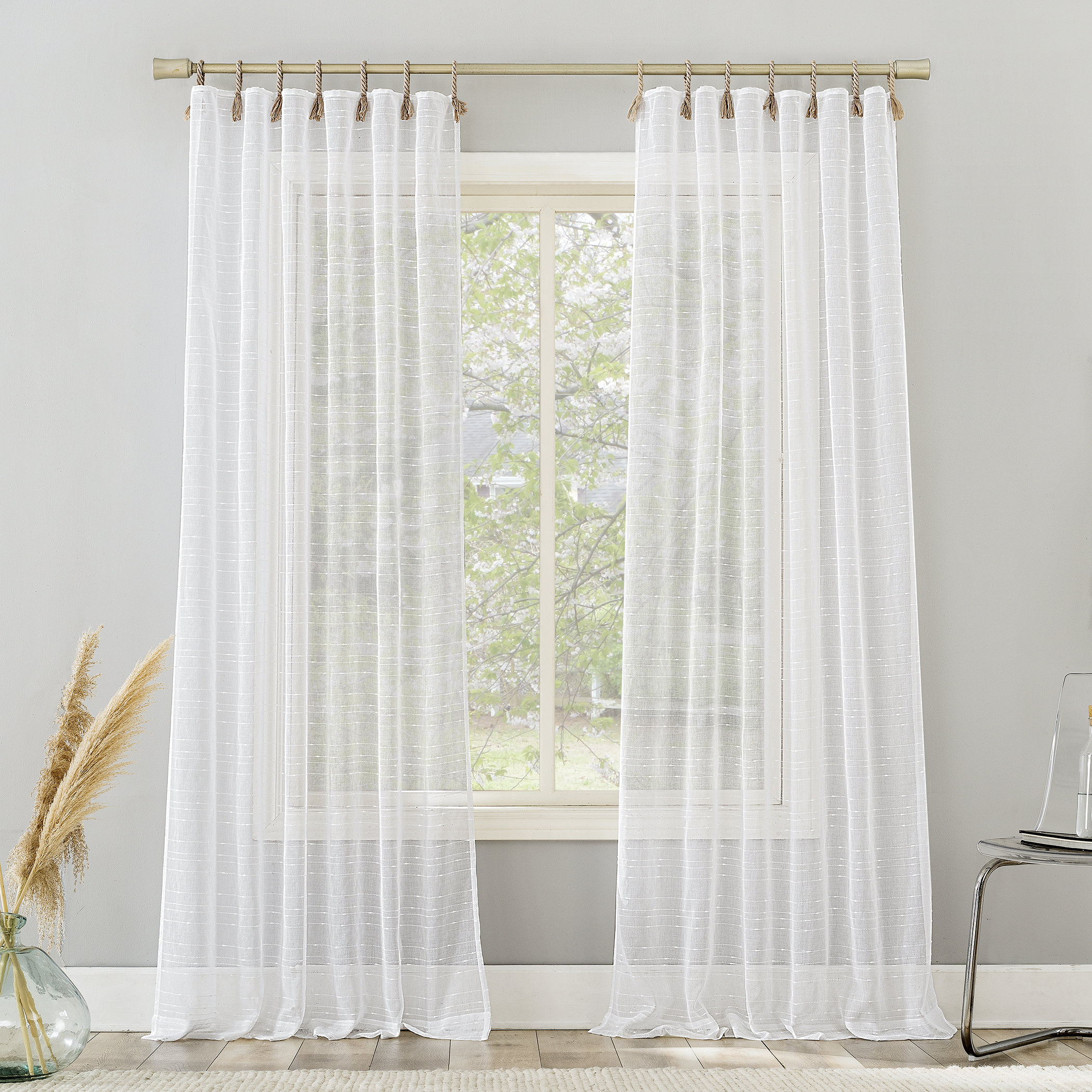 Gracie Oaks Woelk Slub Stripe Rope Tab Semi-Sheer Tie Top Curtain Panel ...