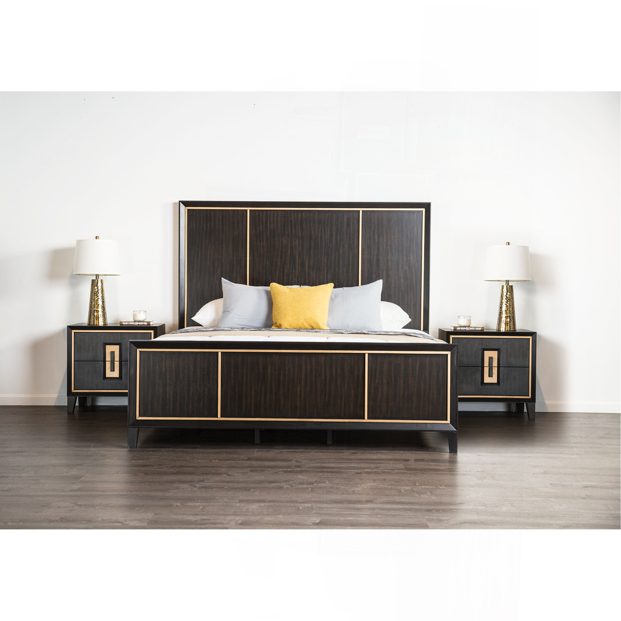 Alxfarton Bedroom Furniture 1Pc Bed Espresso High Panel Headboard Gold ...