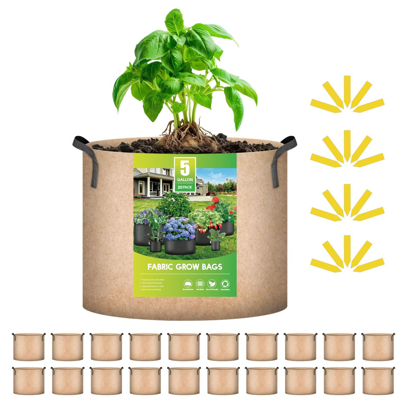 iPower 5 Gallon 20-Pack Grow Bags 300G Thick Nonwoven Aeration Fabric ...