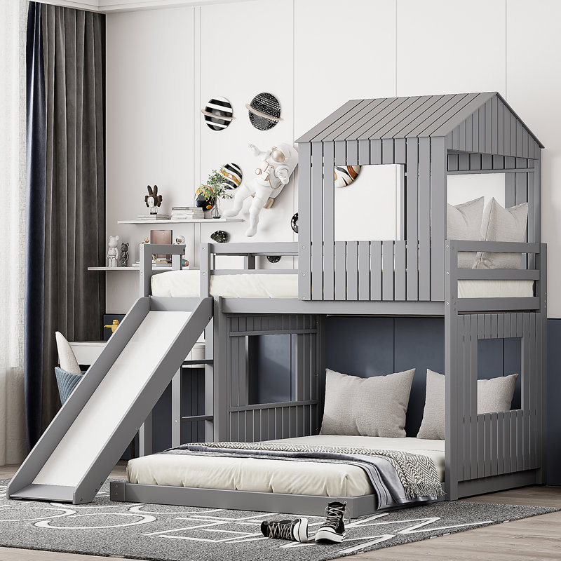GZMWON Wooden Over Bunk Bedloft Bed With Playhousefarmhouseladderslide ...