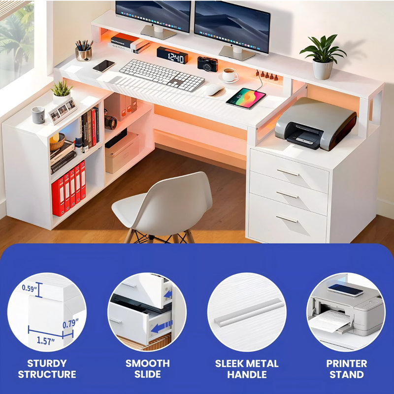 Balconera 65'' L Shaped Desk With Power Outlets, LED Lights & Monitor ...