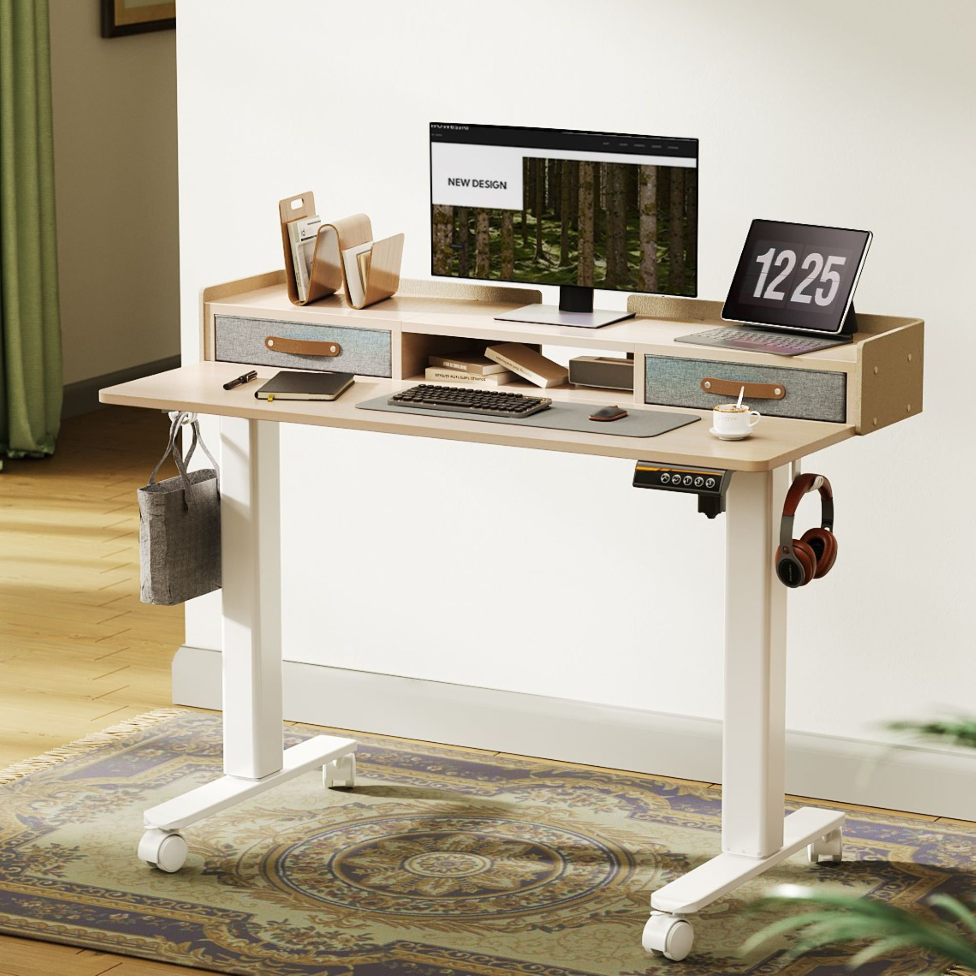 Ebern Designs Tarzan Height Adjustable Standing Desk with Drawers and ...