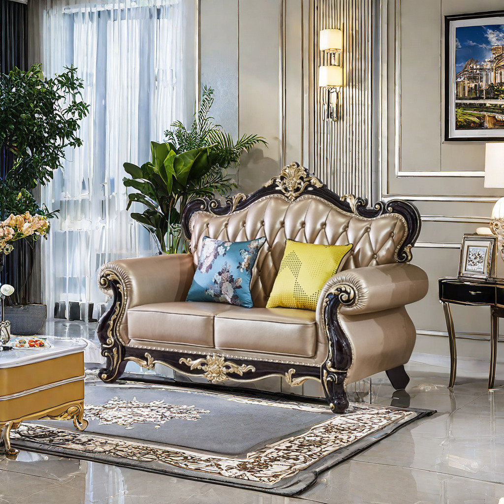 Romero European Sofa With Solid Wood Carving 66.54'' Genuine Leather ...