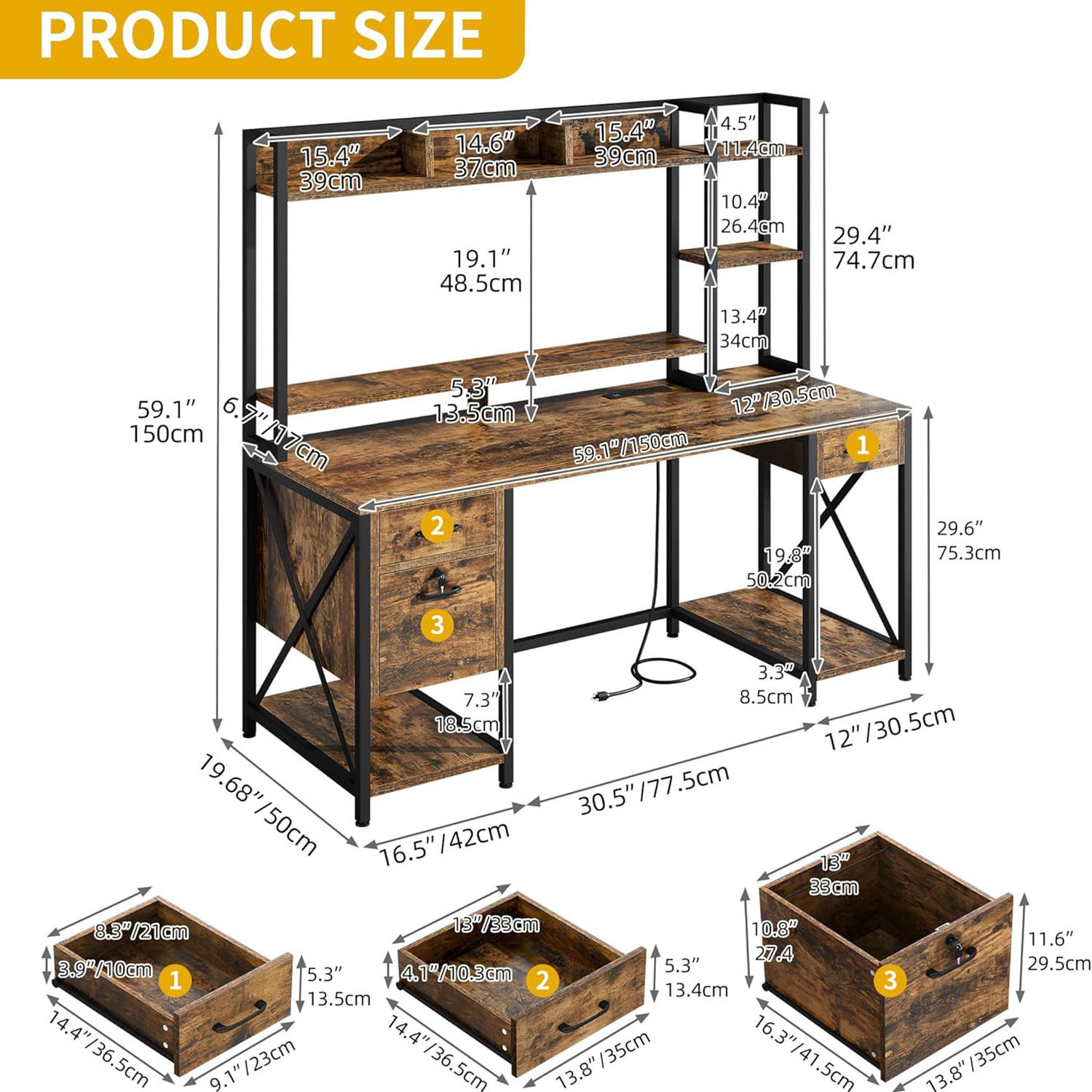 Inbox Zero Computer Desk With Drawers & Hutch, 59.1" Office Desk With ...