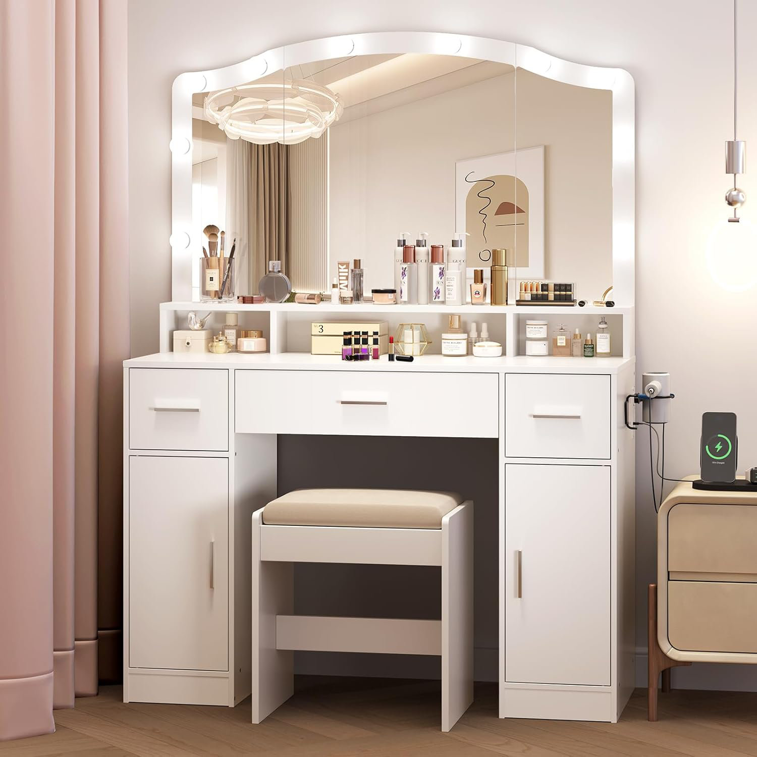 17 Stories Vanity Desk with Mirror and Lights, Vanity with 10 LED ...