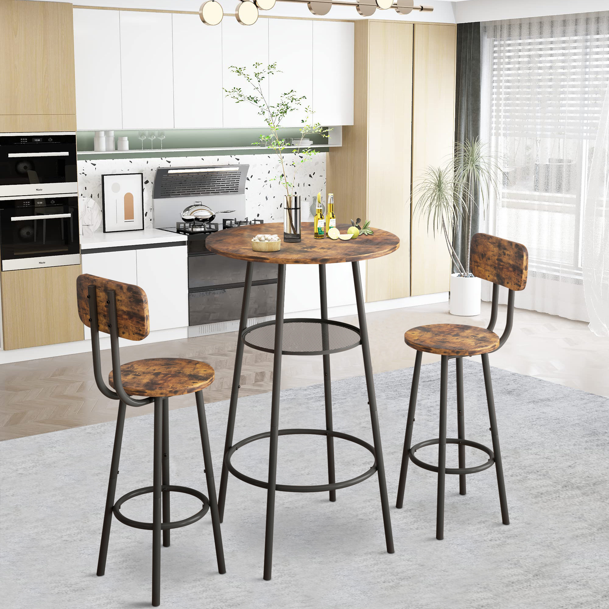 17 Stories Varville 3-Piece Bar Table Set for 2, Small 2-Tier Round ...