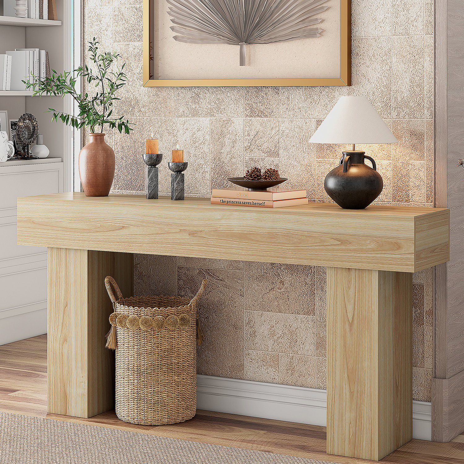 Latitude Run® 63 Inch Long Console Table For Entryway, Farmhouse Wood ...
