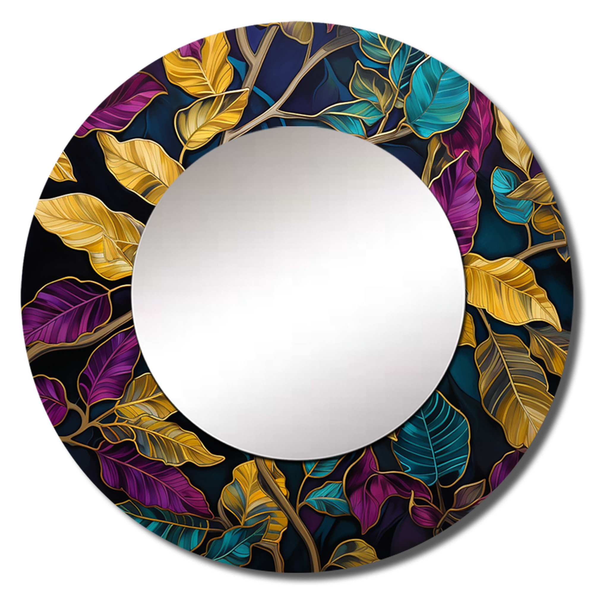 Design Art Colorful Leaves Charm Foliage - Leaves Round Mirror Wall ...