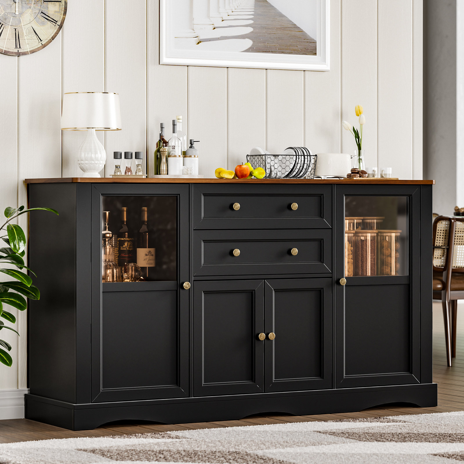 Charlton Home® 55''Large Wave Base Dining Cabinet with 4 Doors and 2 ...