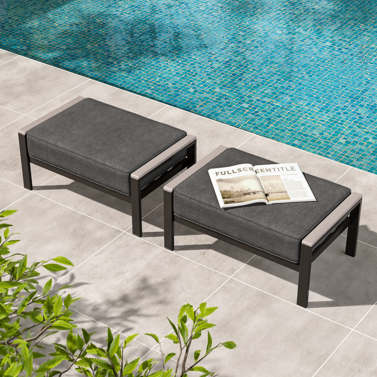 House of Hampton® 2 Pcs Patio Ottomans with Removable Cushion for ...
