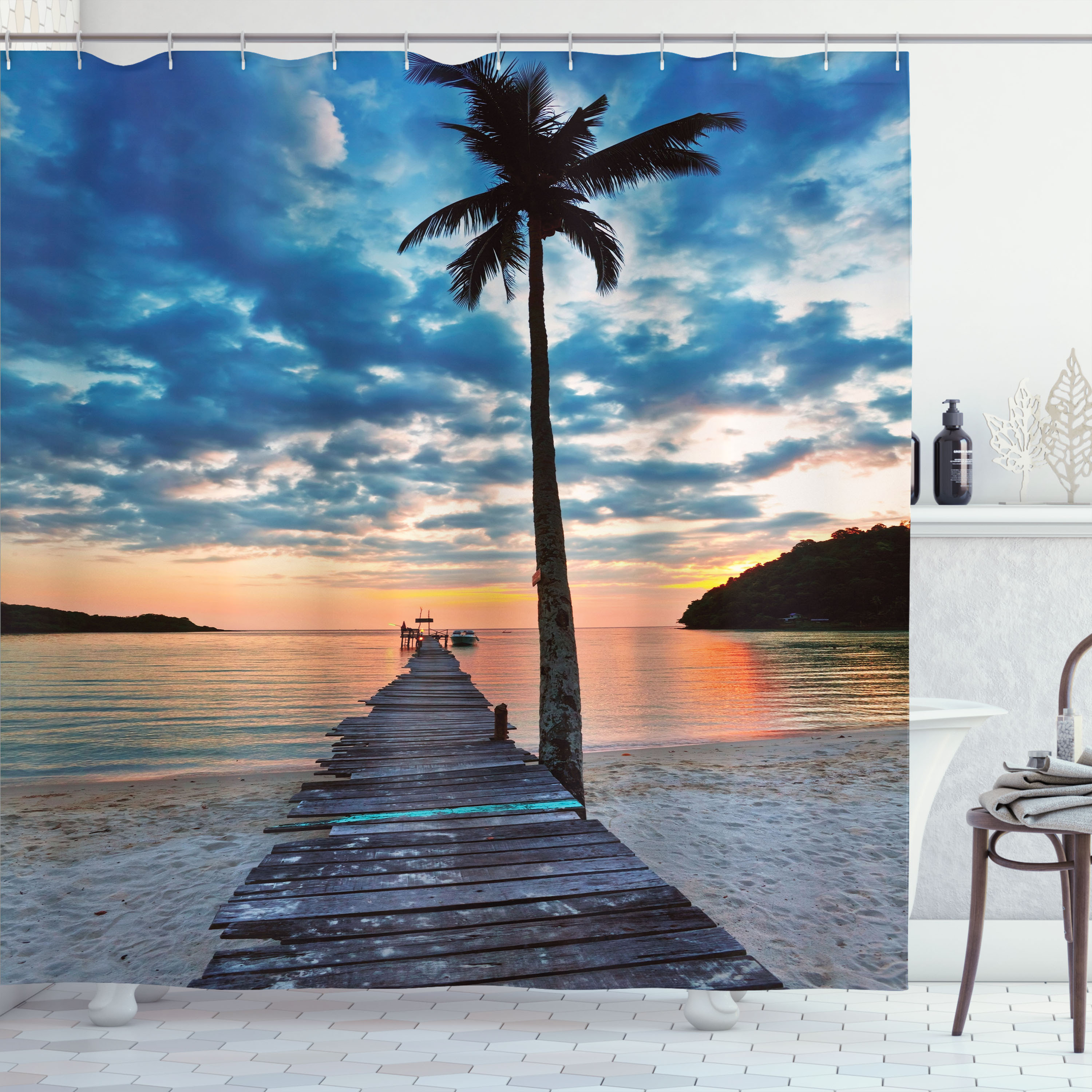 East Urban Home Pier Shower Curtain Rustic Jetty on Calm Water | Wayfair