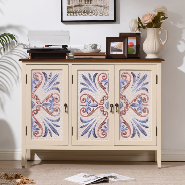 Bungalow Rose Embossed 3-Door Storage Cabinet With Adjustable Shelves ...