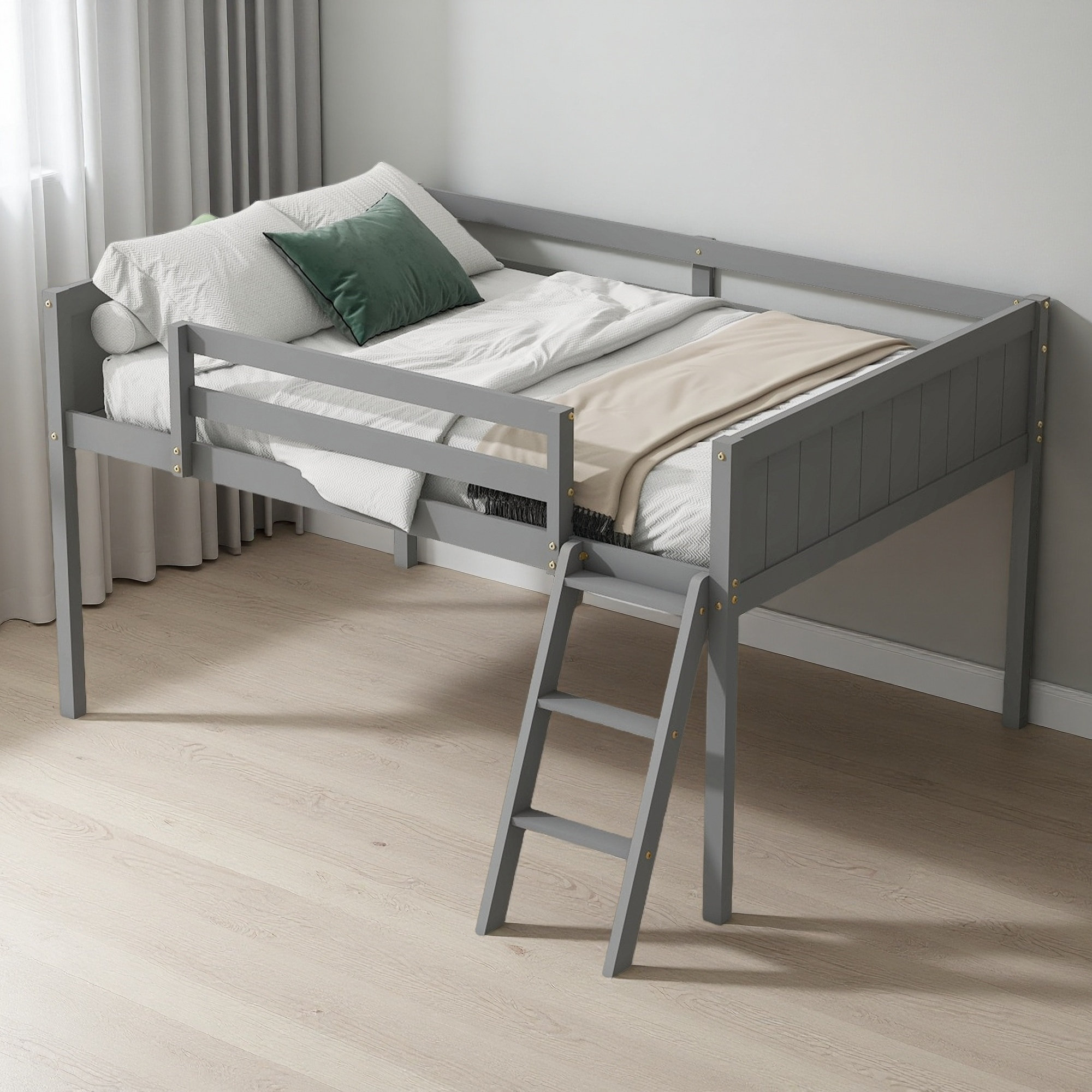 Harriet Bee Full Size Wood Low Loft Bed With Convertible Ladder (left ...