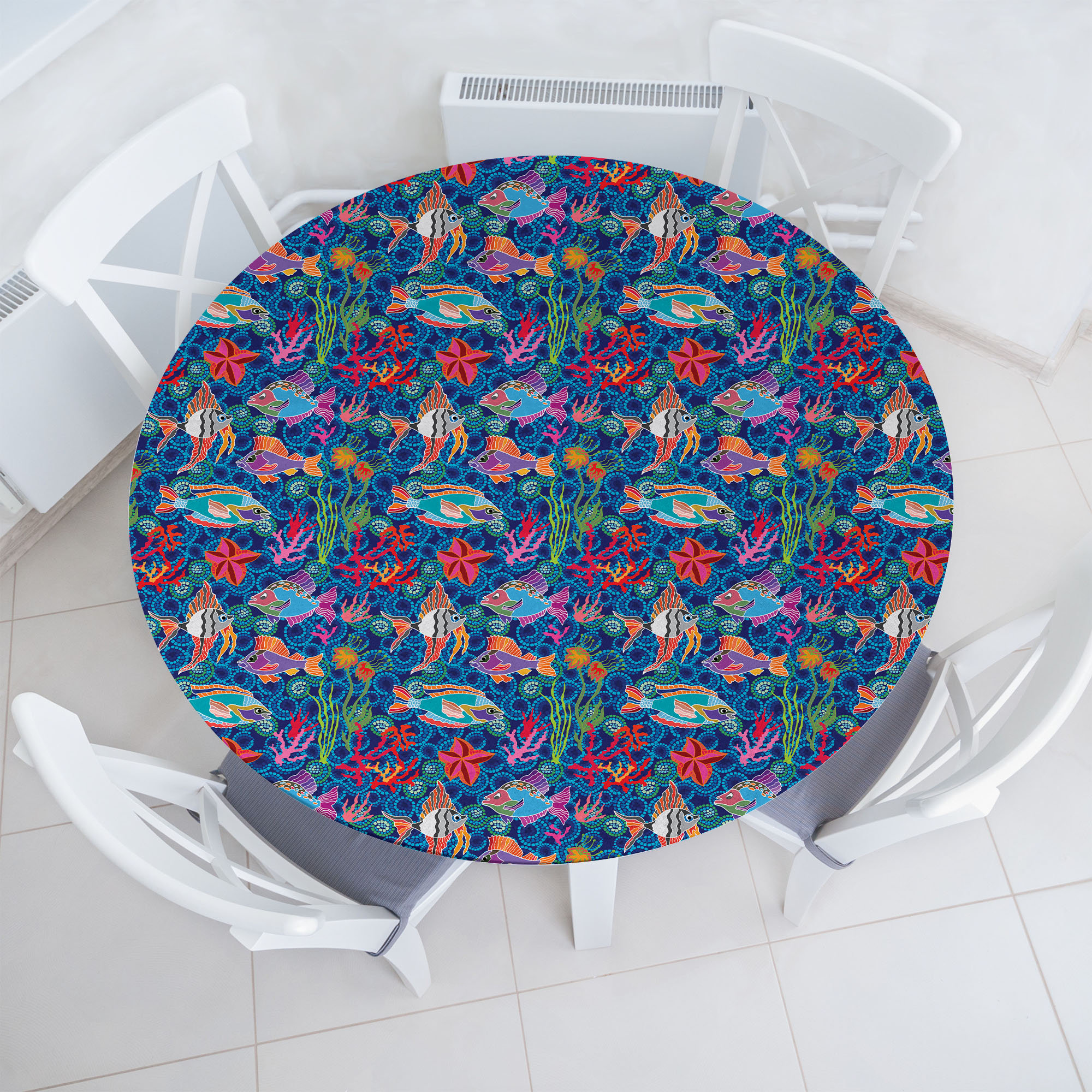 Wrought Studio™ Marine Fitted Round Tablecloth Navy Blue Sea Blue Pink ...