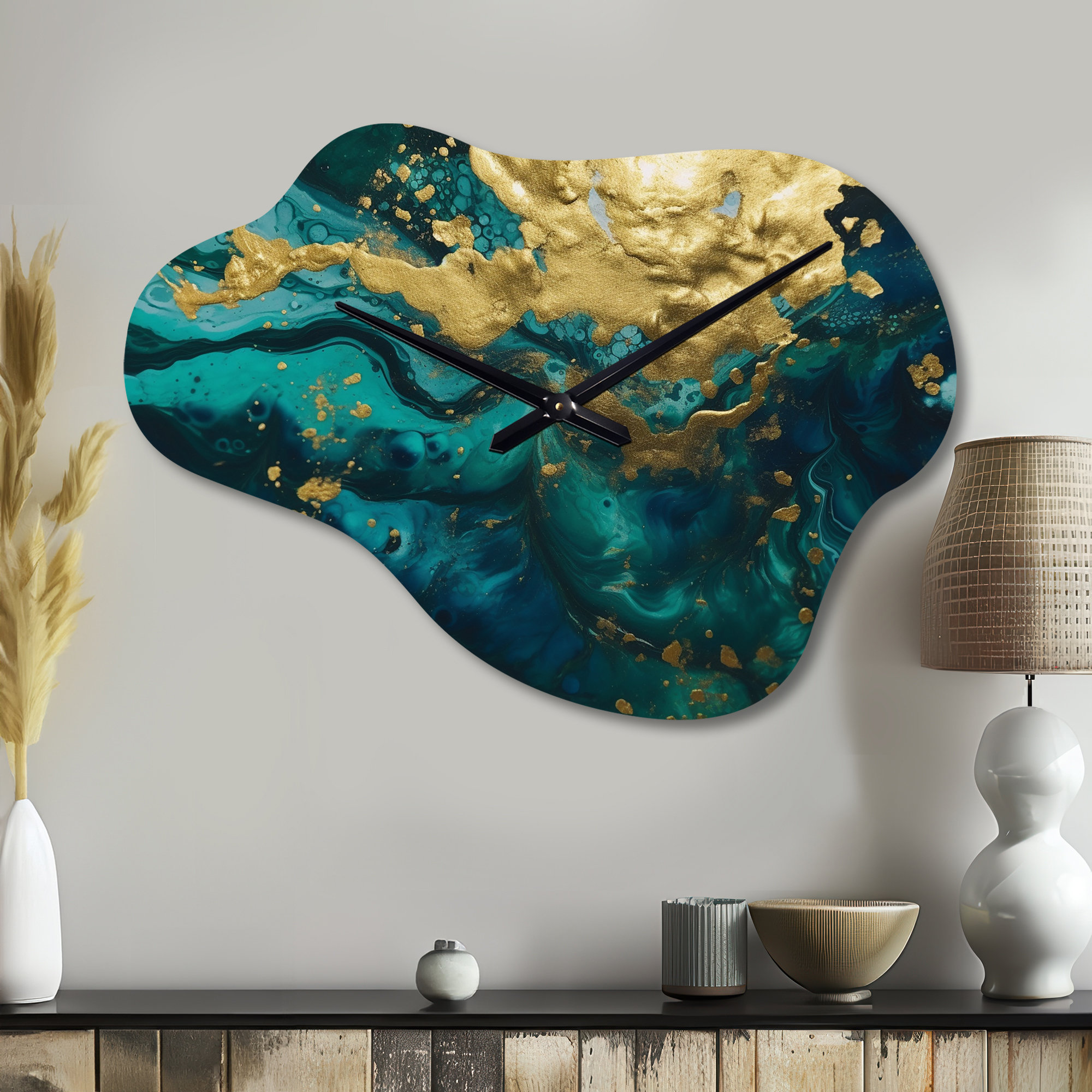 Design Art Teal And Gold Liquid Magic I - Cloud Shape Teal Wall Clock ...