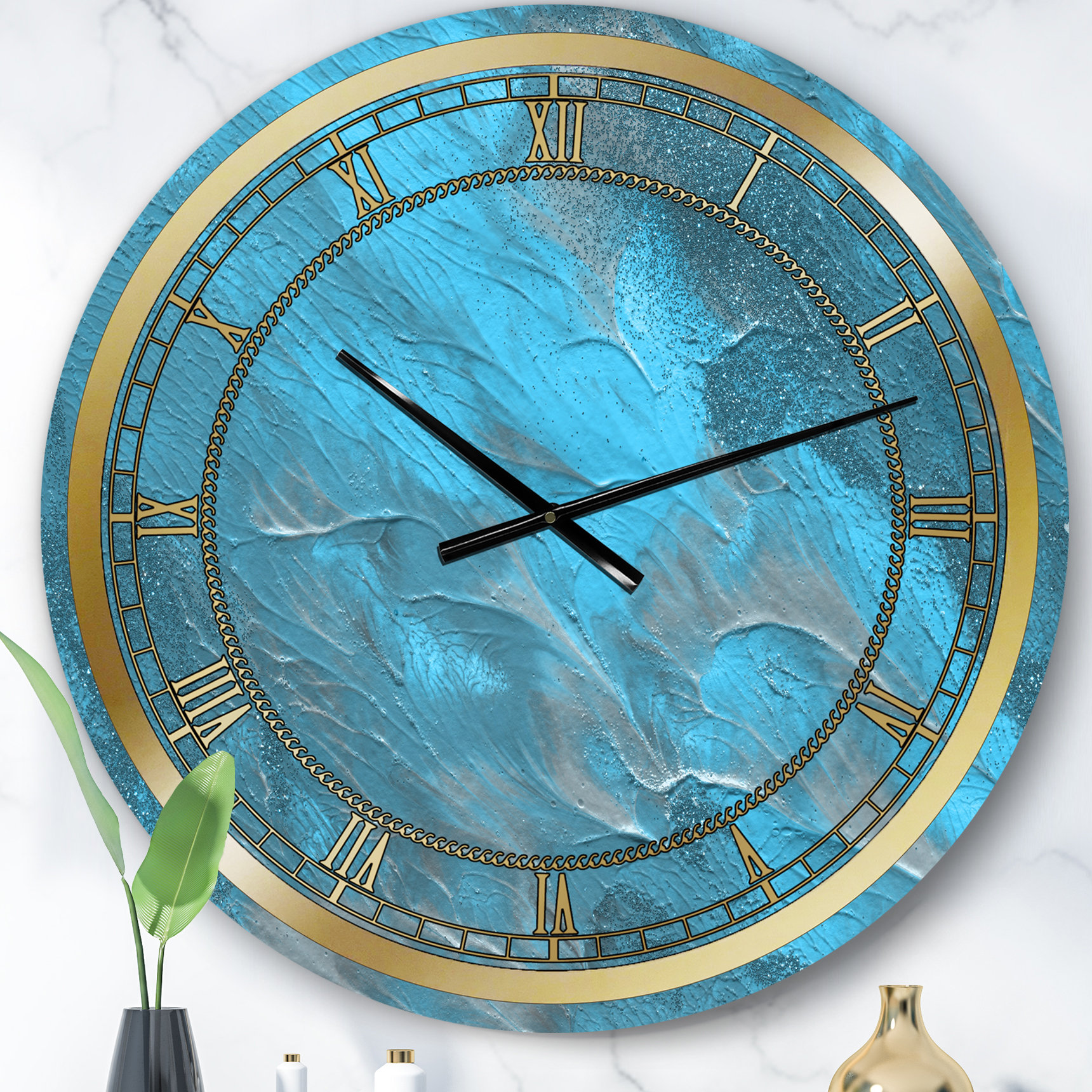 East Urban Home White and Blue Paint Waves II - Glam wall clock | Wayfair