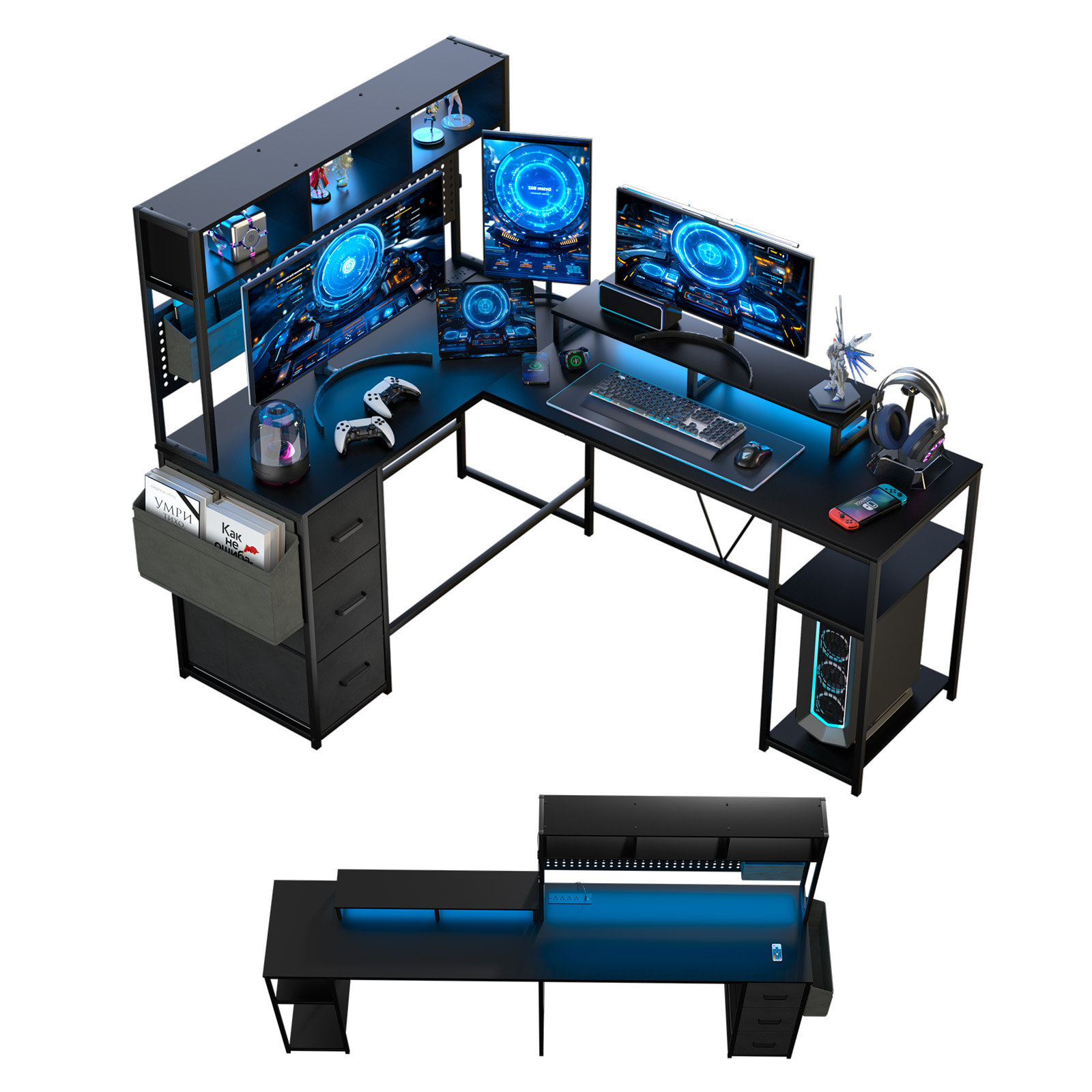 Ivy Bronx 67" L-shaped Computer Desk With Built-in Outlet, Led Lighting ...