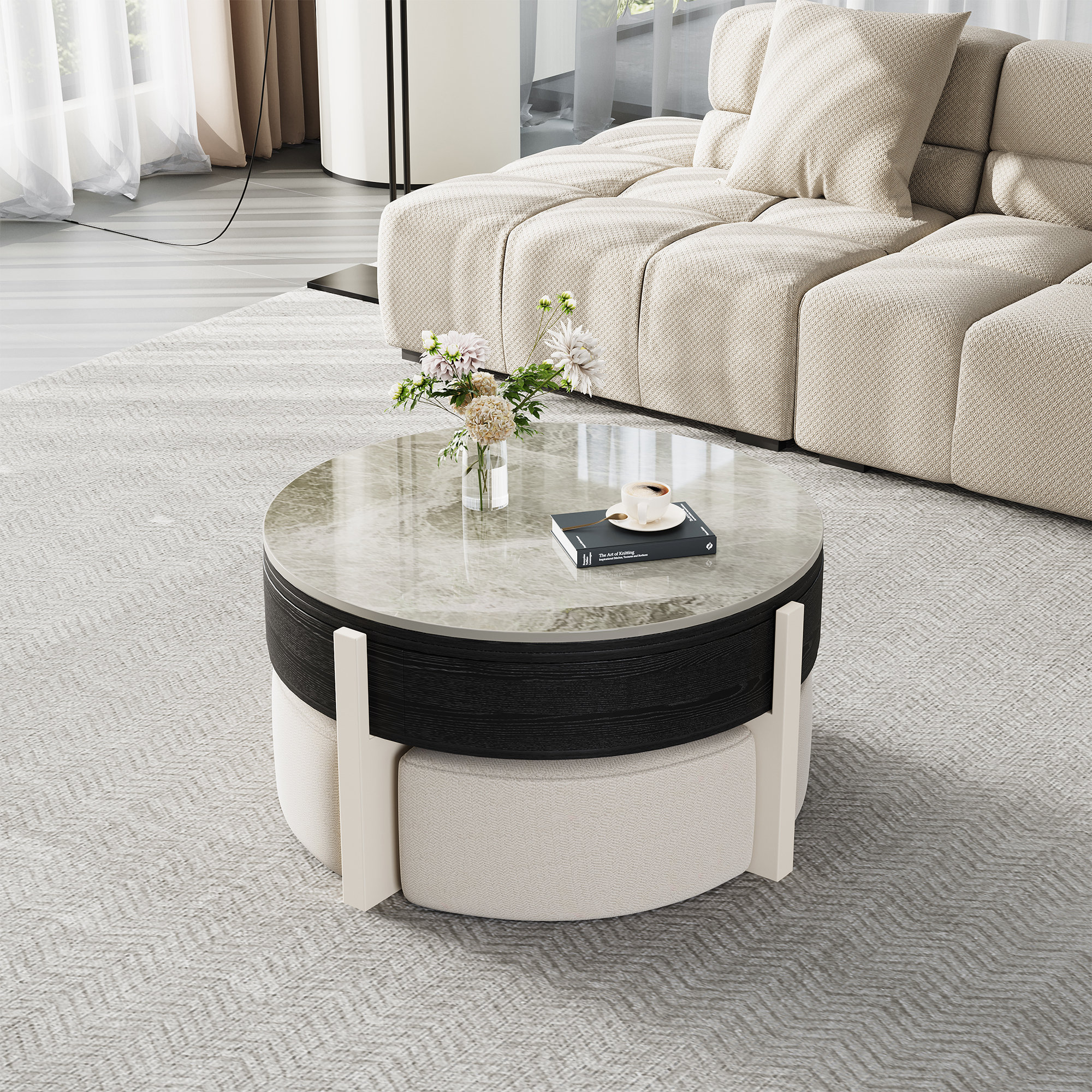 Brayden Studio® 31.5" Lift Top Round Coffee Table with Nesting Ottomans ...