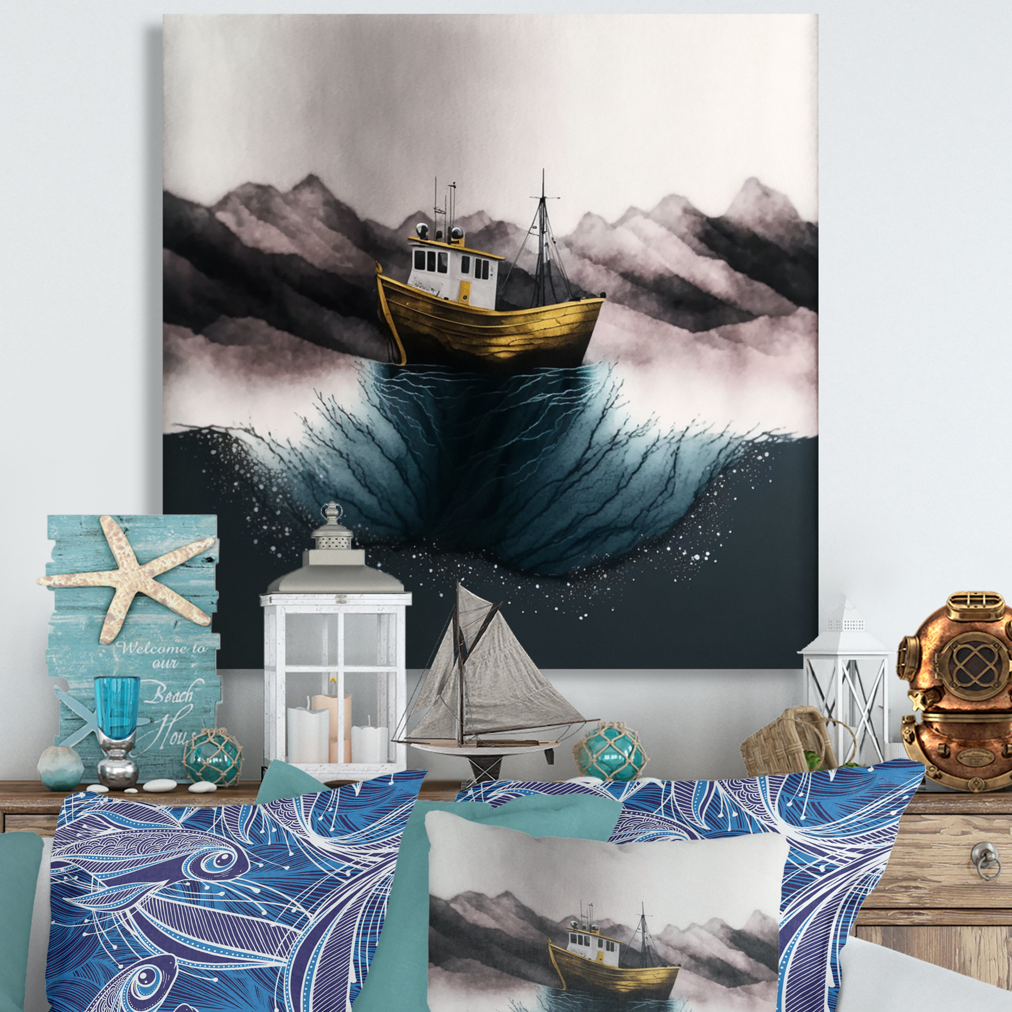 Breakwater Bay Gold Modern Fishing Boat II - Coastal Boat Wall Art ...