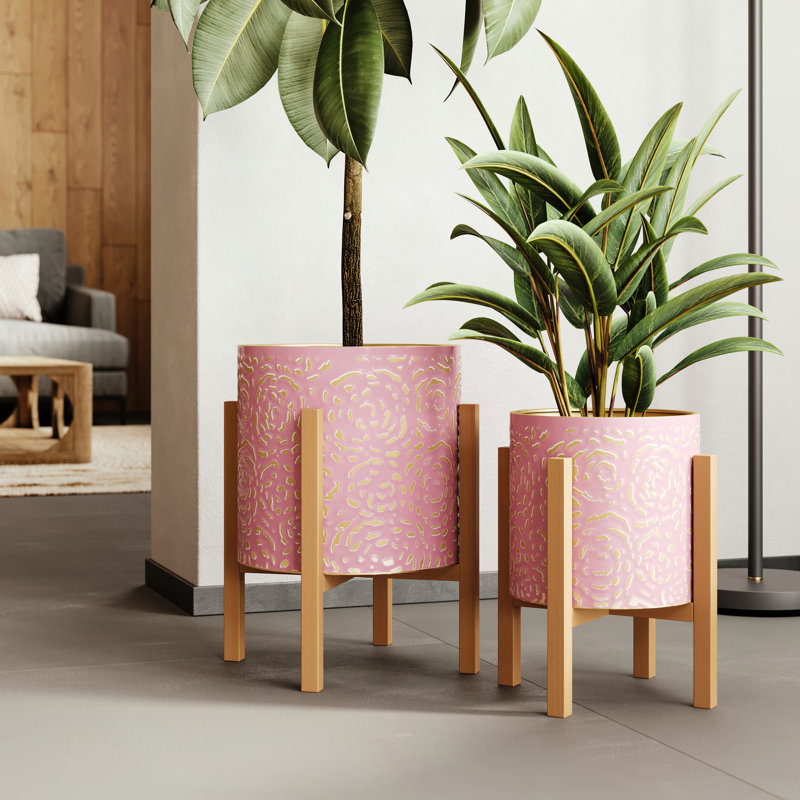 Aspire Laura Glam Indoor Metal Pot Planter 4-Leg Wood Base - Set | Wayfair