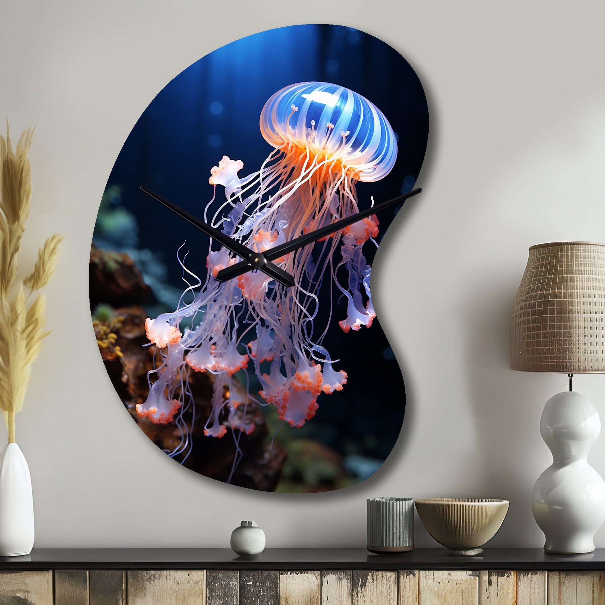 Design Art Jellyfish Luminescent Beauty II - Boom Shape Blue Wall Clock ...