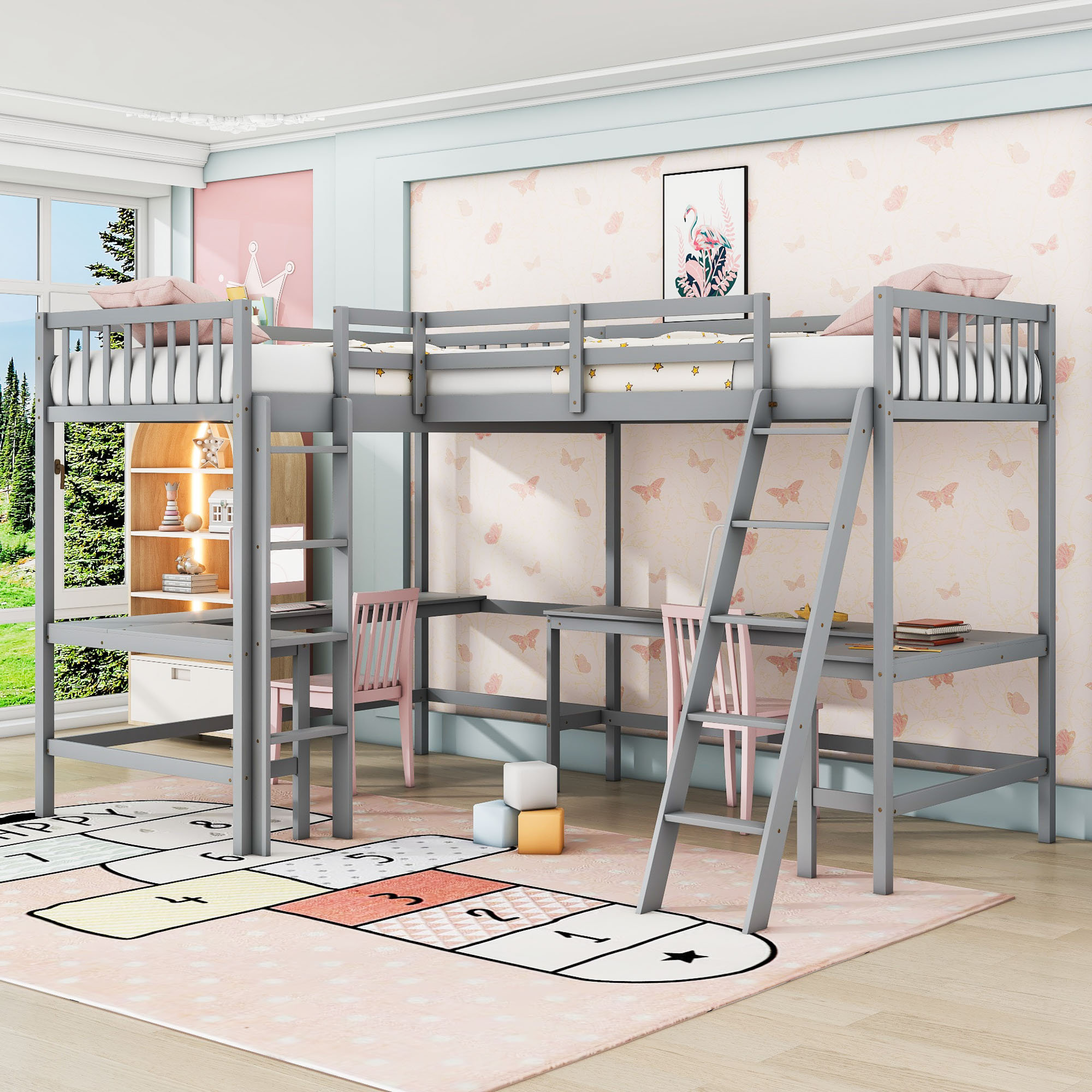 Harriet Bee Twin And Twin Wooden L-Shaped Loft Bed With Dual Built-In ...